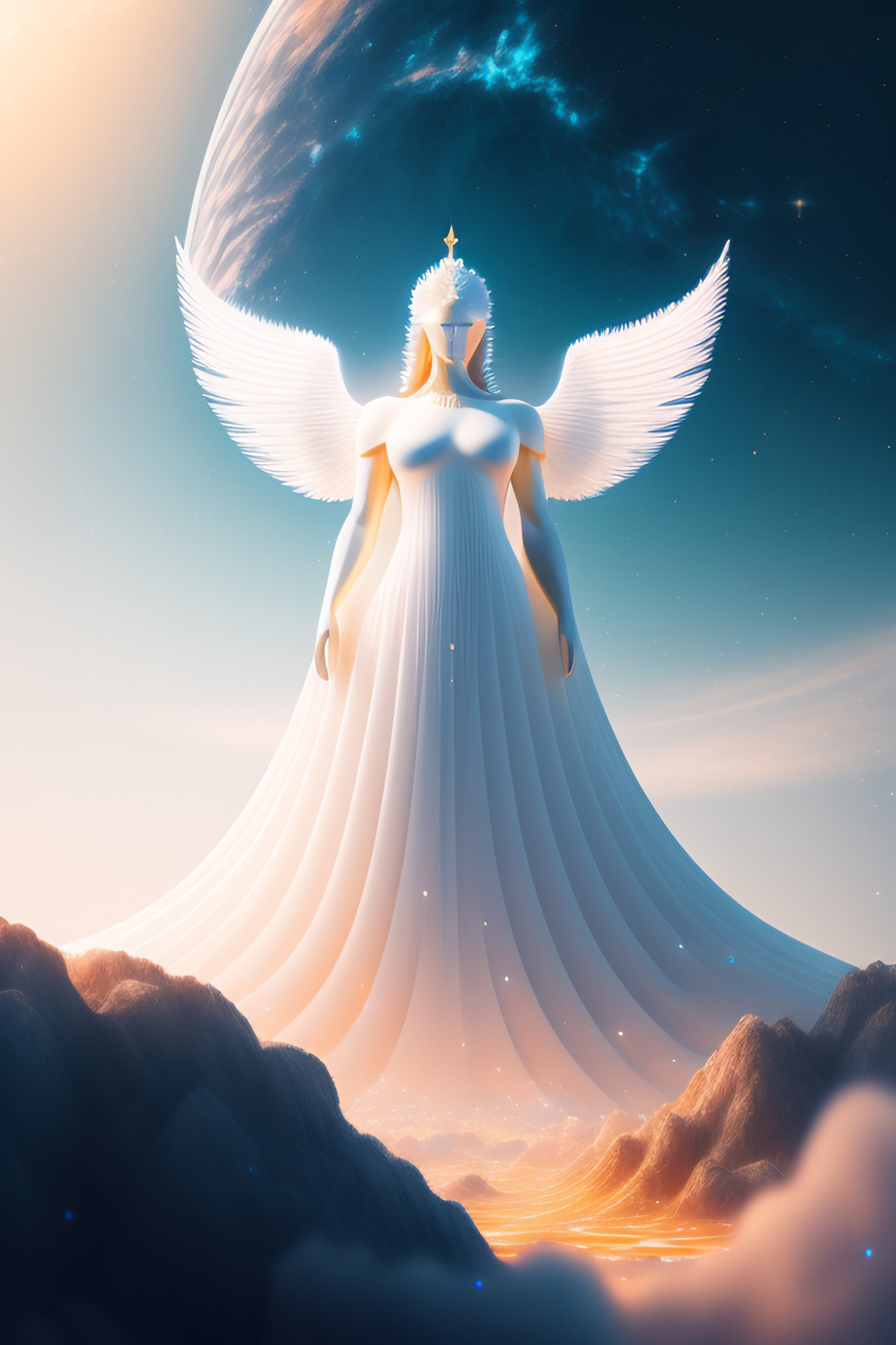 Lexica - A pure white angel with a serene expression stands in the sky ...