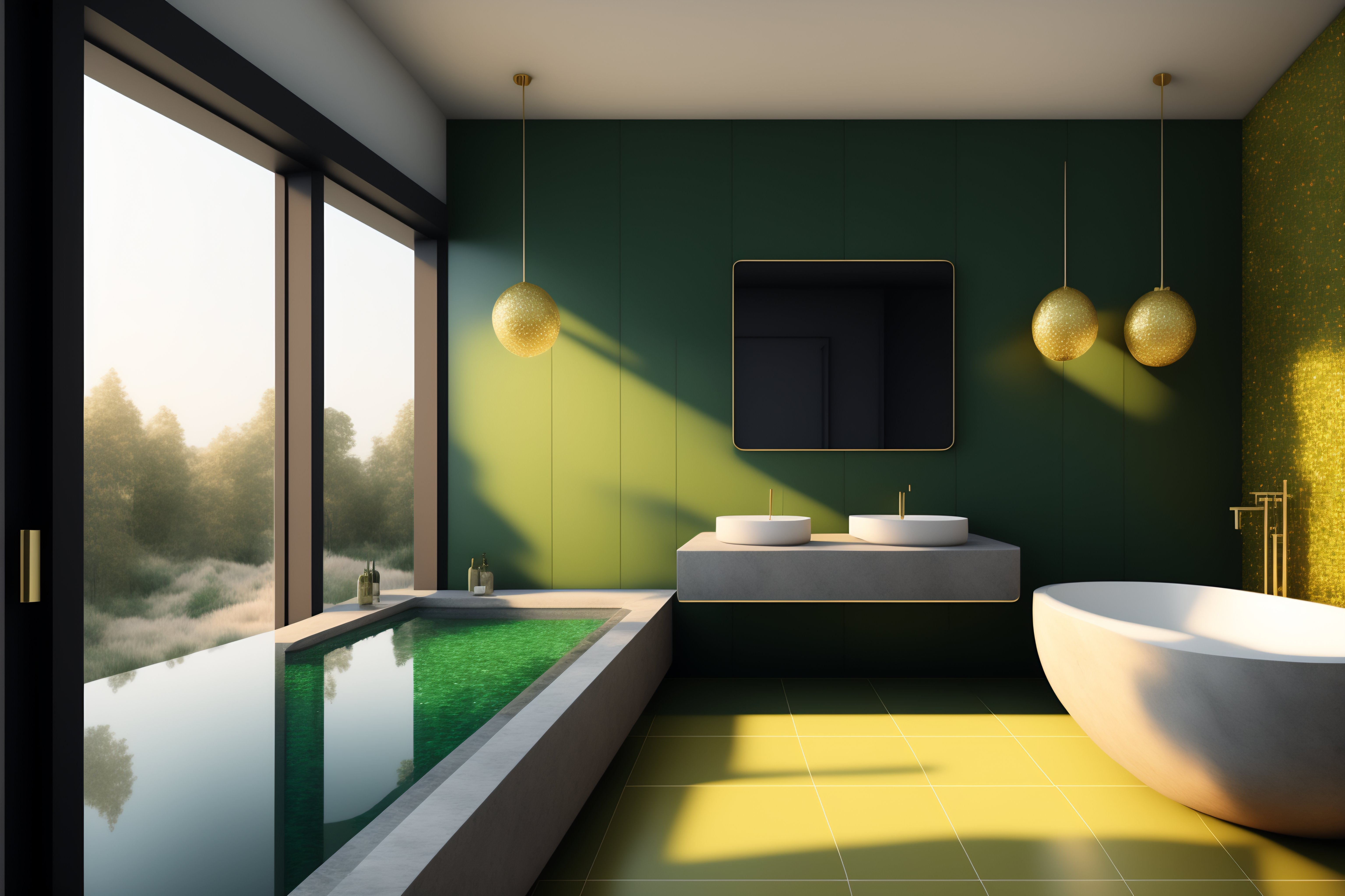 Lexica - Architectural render of an opulent spa bathroom with green and ...
