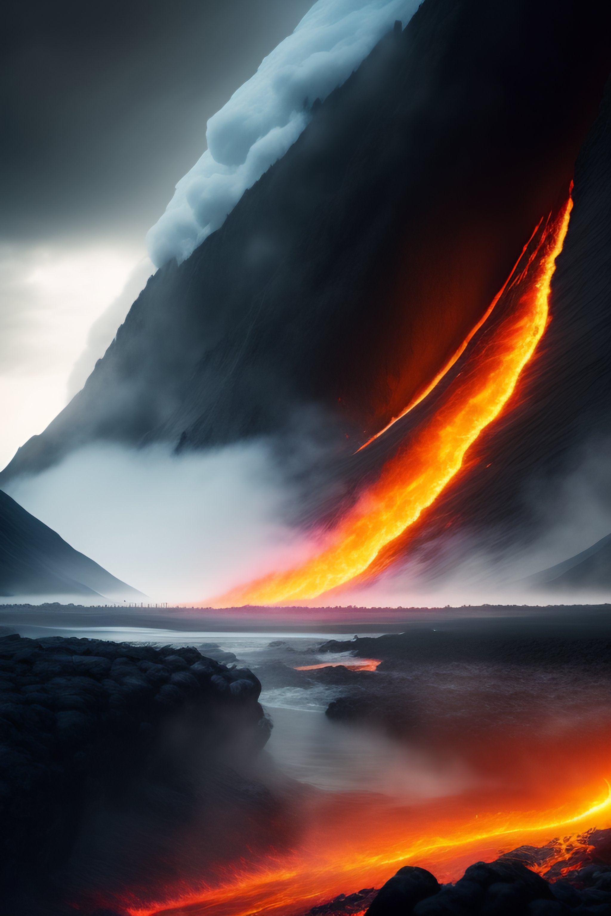 Lexica - Orc ready to cross a river of lava falling from a volcano and ...