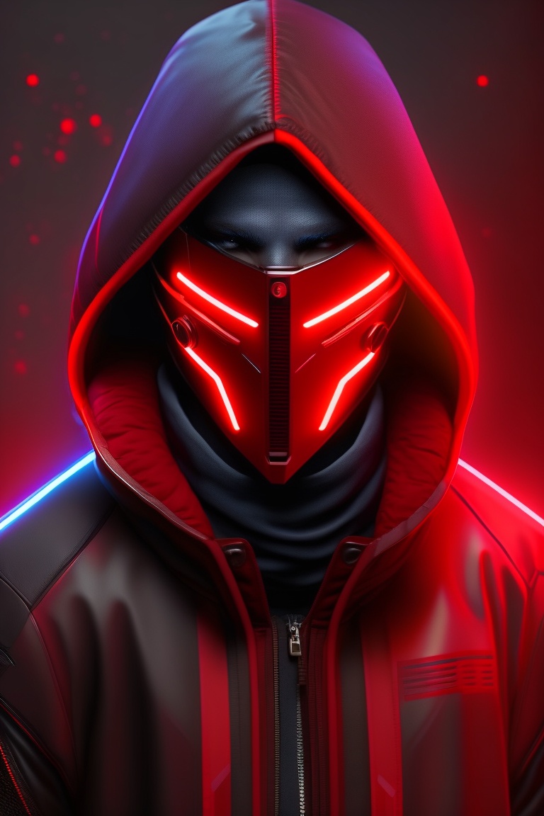 Lexica - Male character, hooded, cyberpunk, red neon, mask, dark, red ...