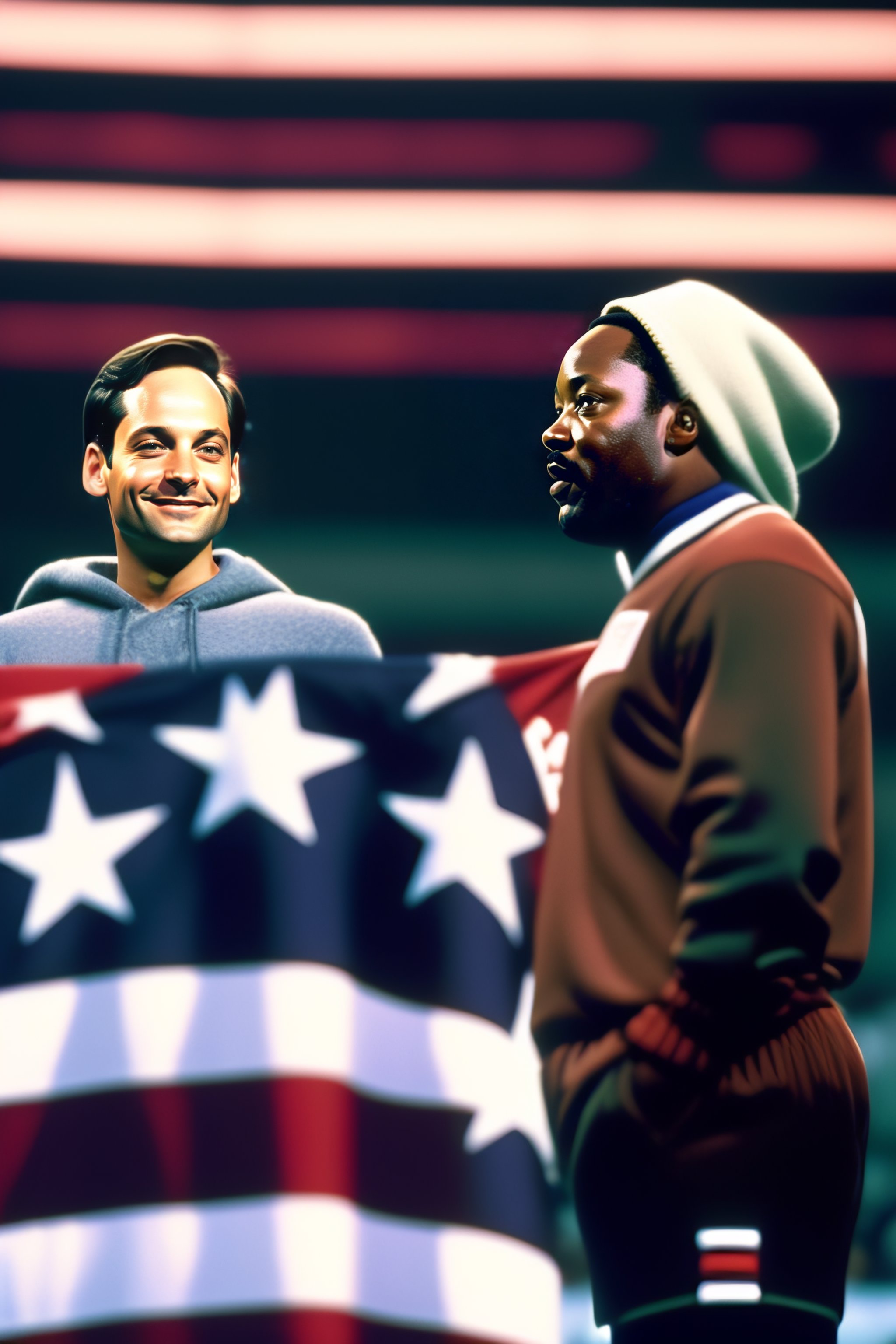 Lexica - Tobey Maguire in a hoodie and american flag running shorts and ...