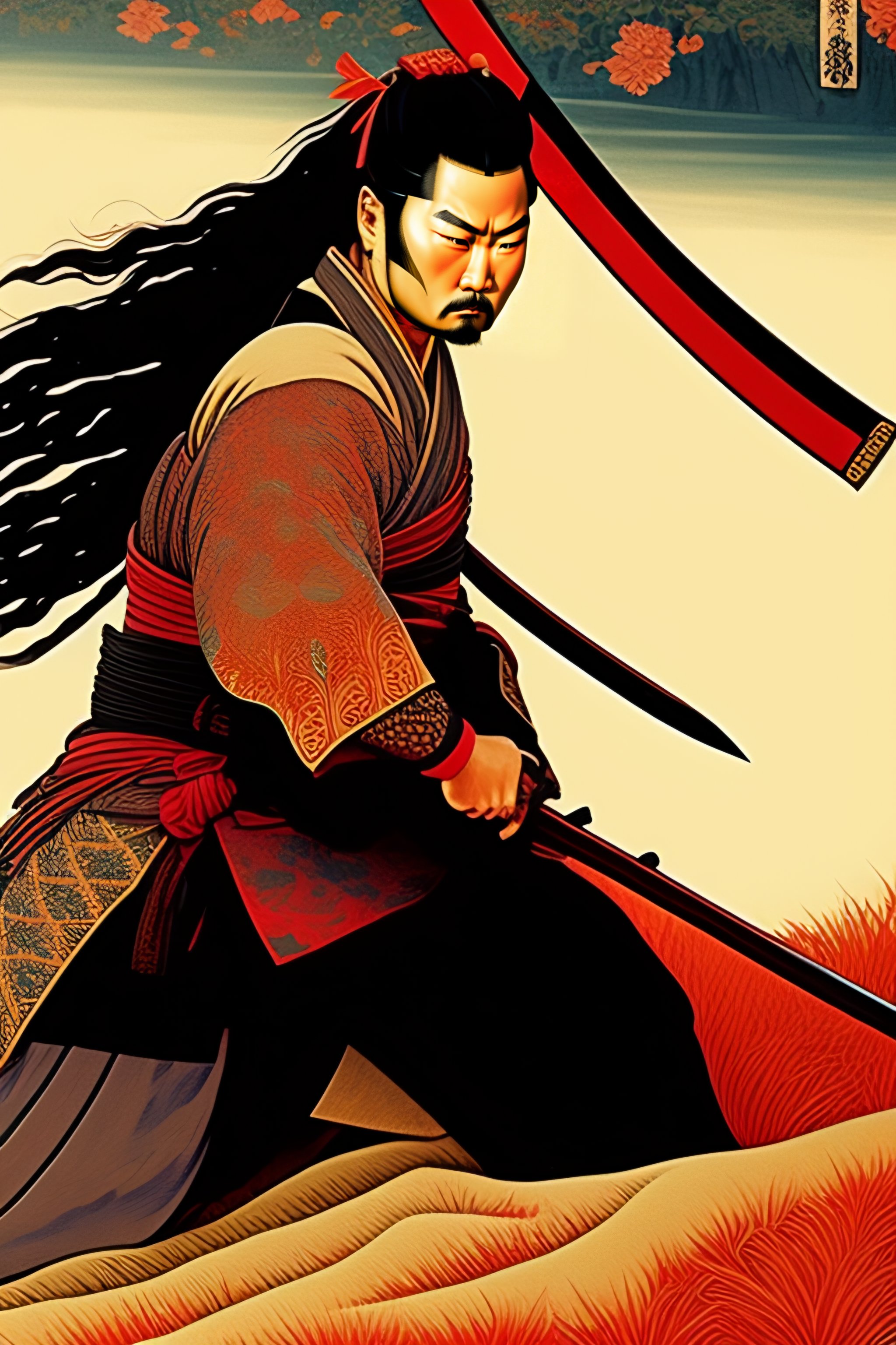 Lexica - The fallen samurai holds his katana which is bloody in ukiyo-e ...