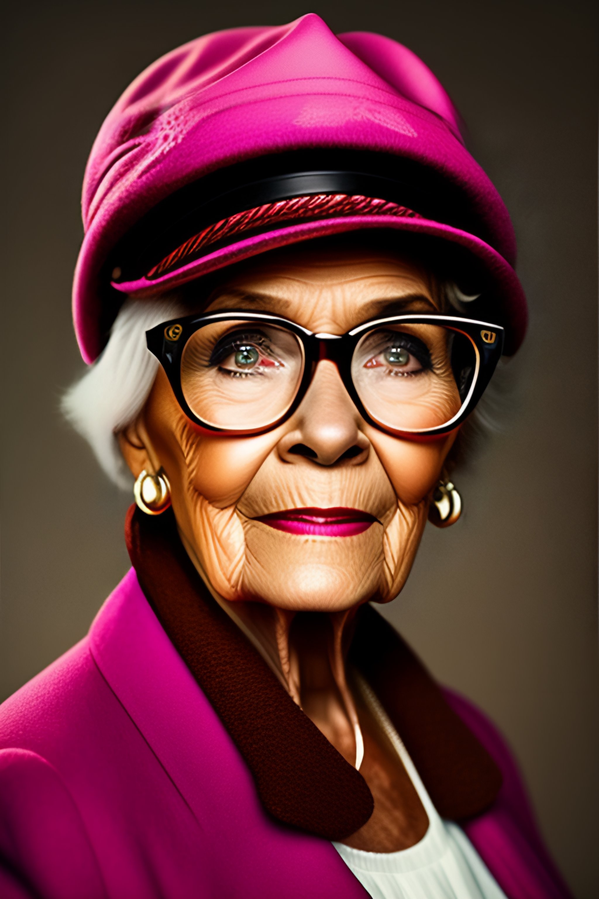 Lexica - Old woman, deep wrinkles on the face, round glasses, brown ...