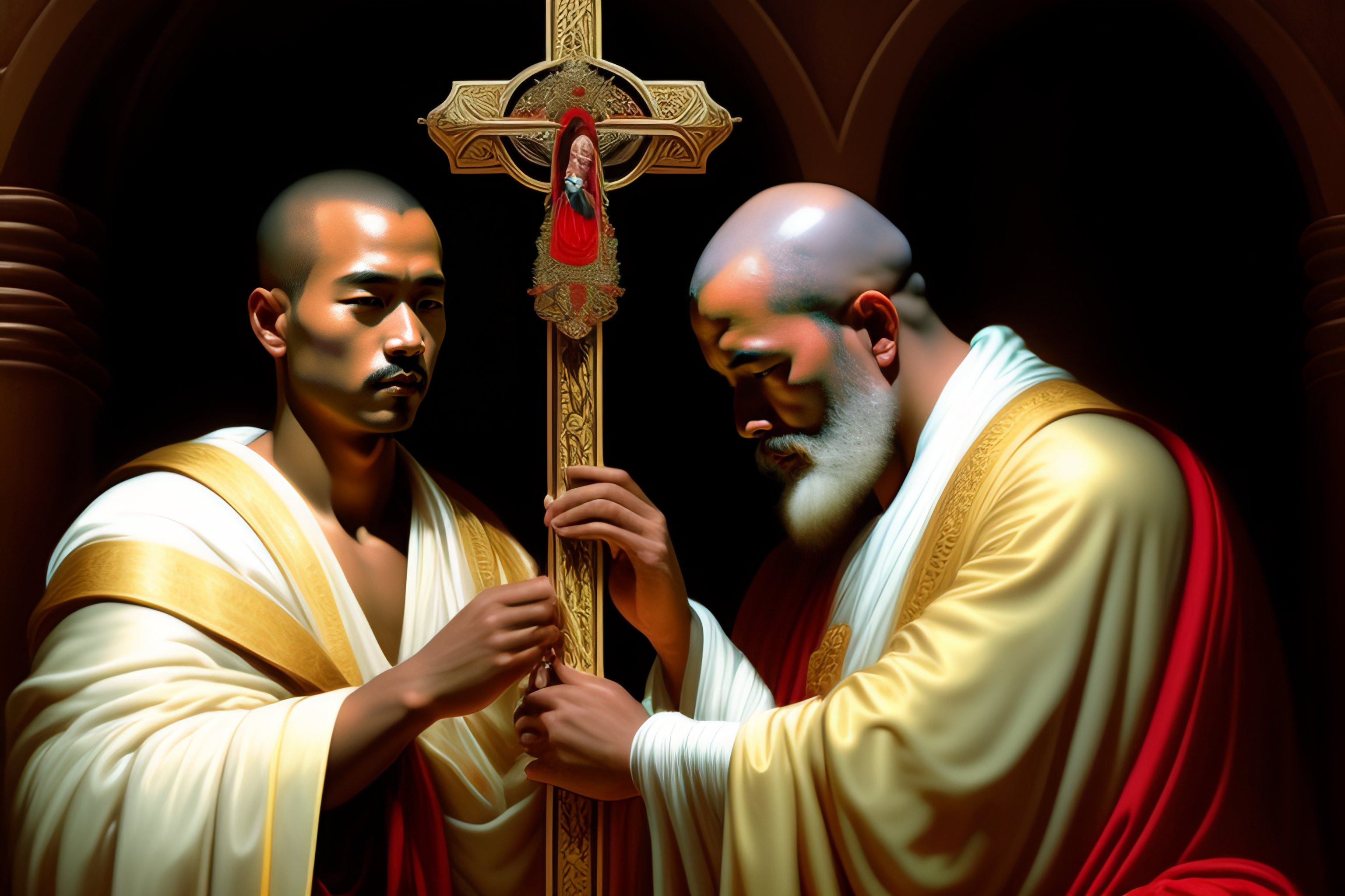 Lexica - White Monk in dark robes hold a white snake on the cross