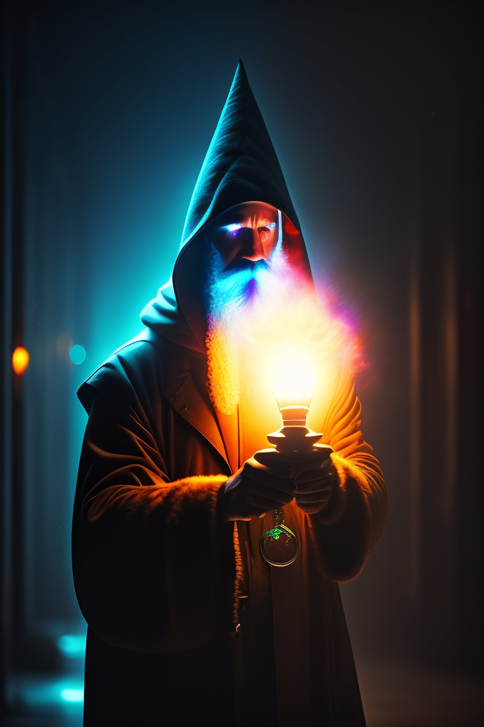 Lexica - Wizard holding a bright light in a dark room, cyberpunk