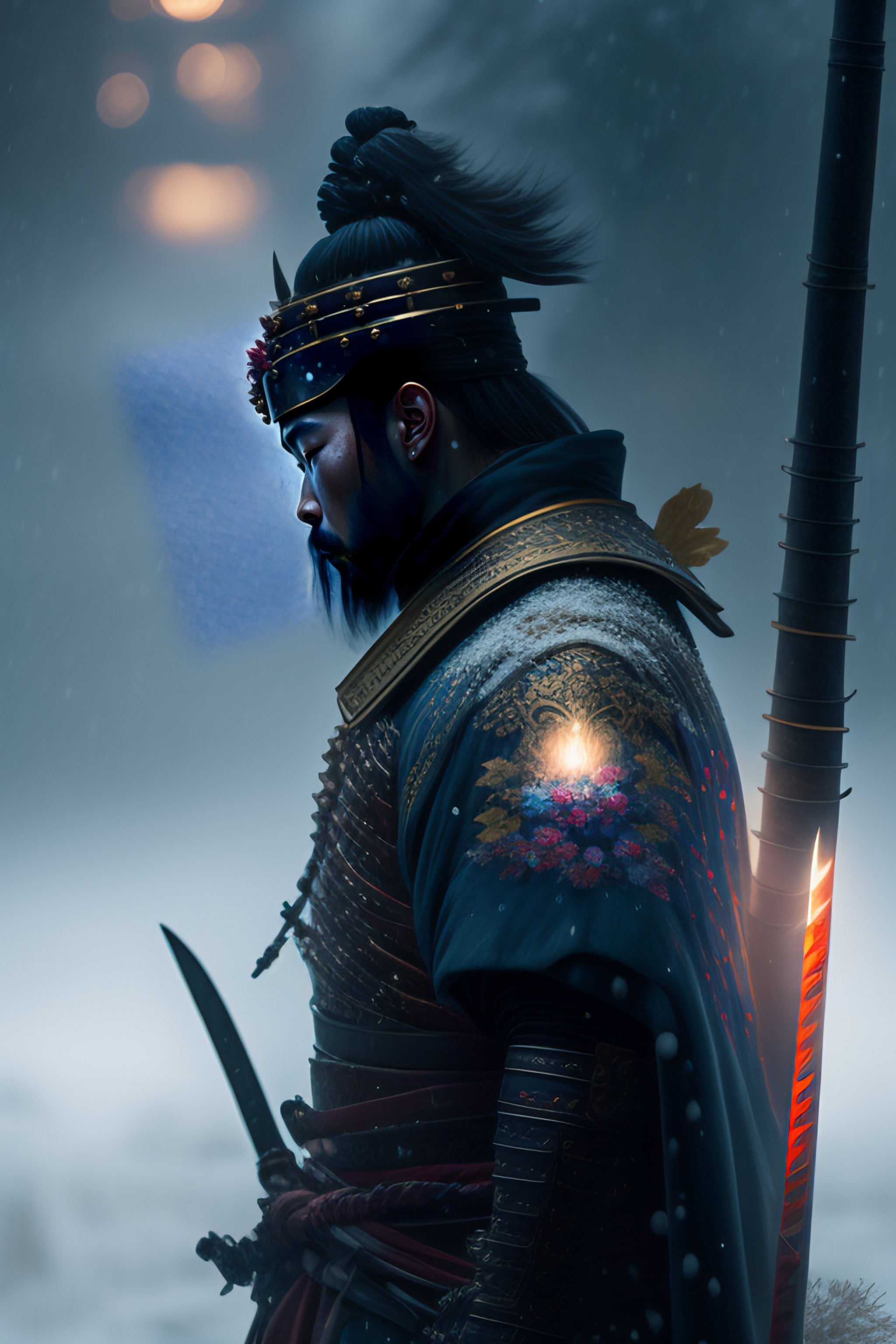 Lexica - Hyper realistic oil painting of a samurai covered in flowers ...