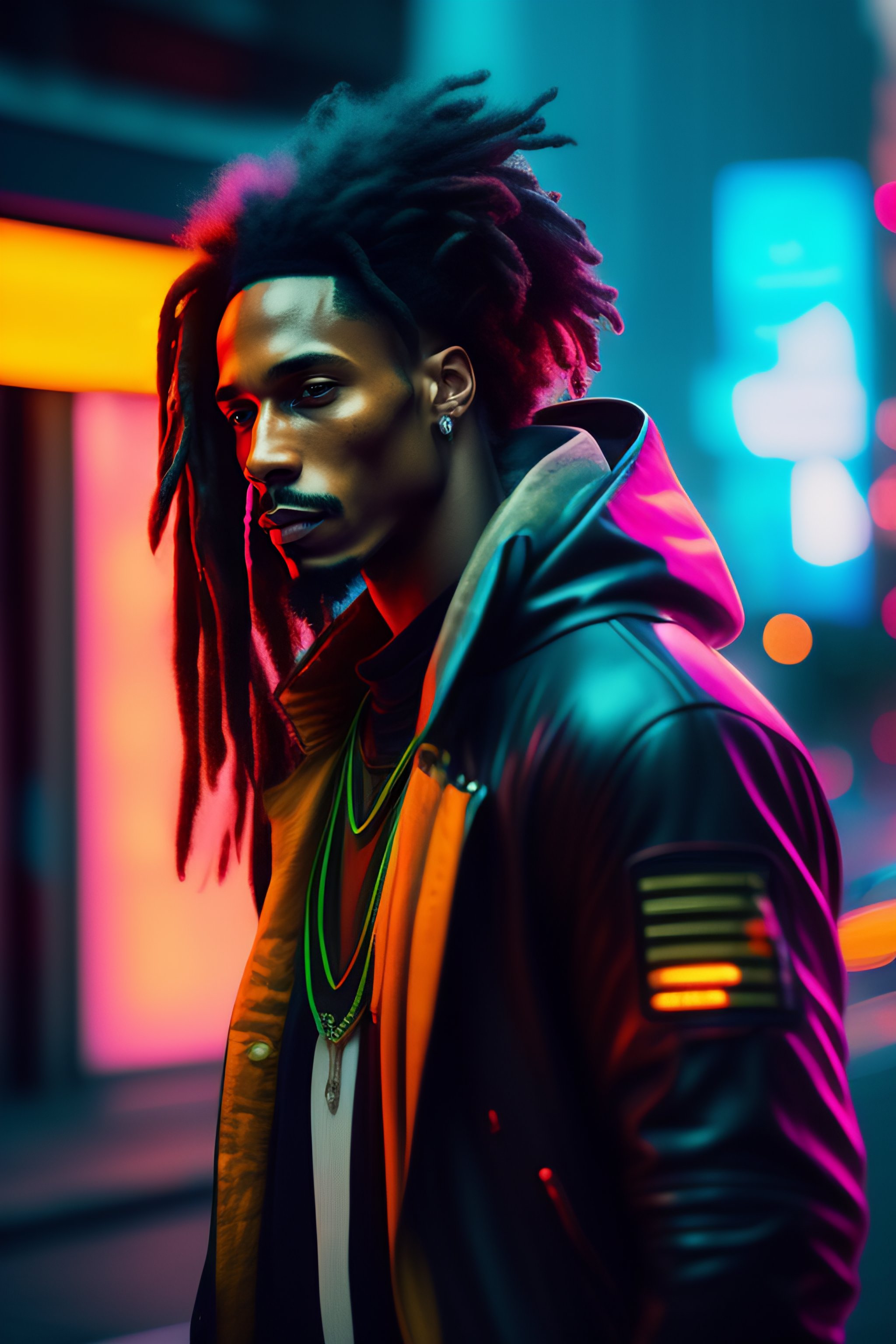 Lexica - Slow shutter speed photo of a cyberpunk bob marley with neon ...