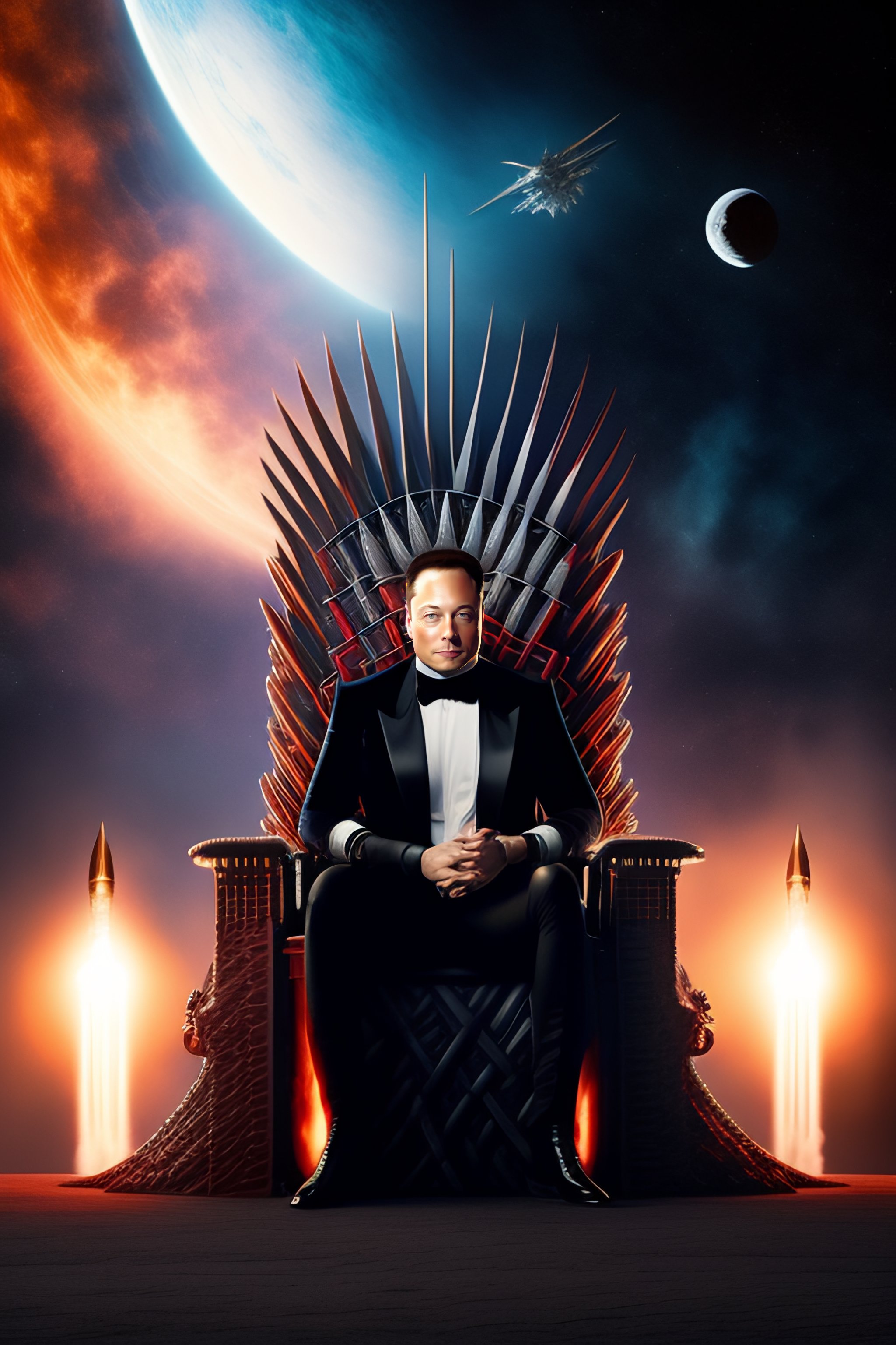 Lexica - Elon Musk sitting on the iron throne from Game Of Thrones launching into space , there ...