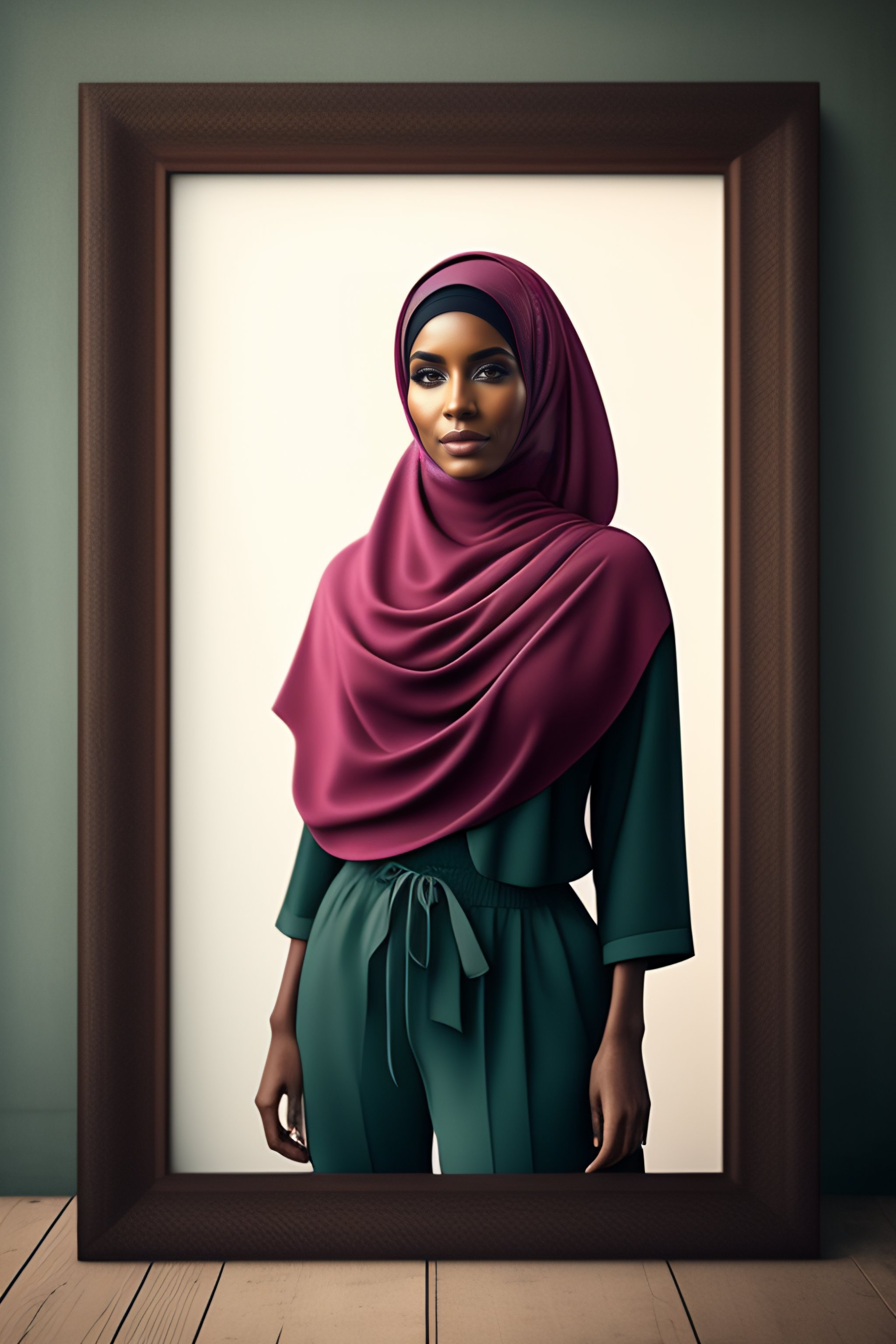 Lexica - Woman wearing modern clothes with hijab , picture in frame