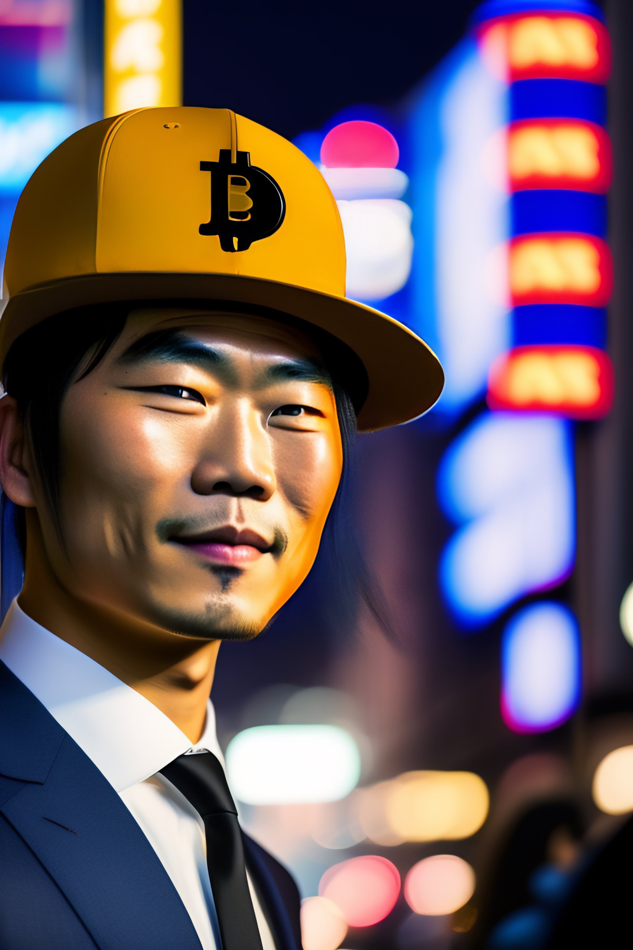 Lexica - ASIAN GUY WEARING A HAT WITH A BITCOIN LOGO ON IT IN TOKYO. IN ...