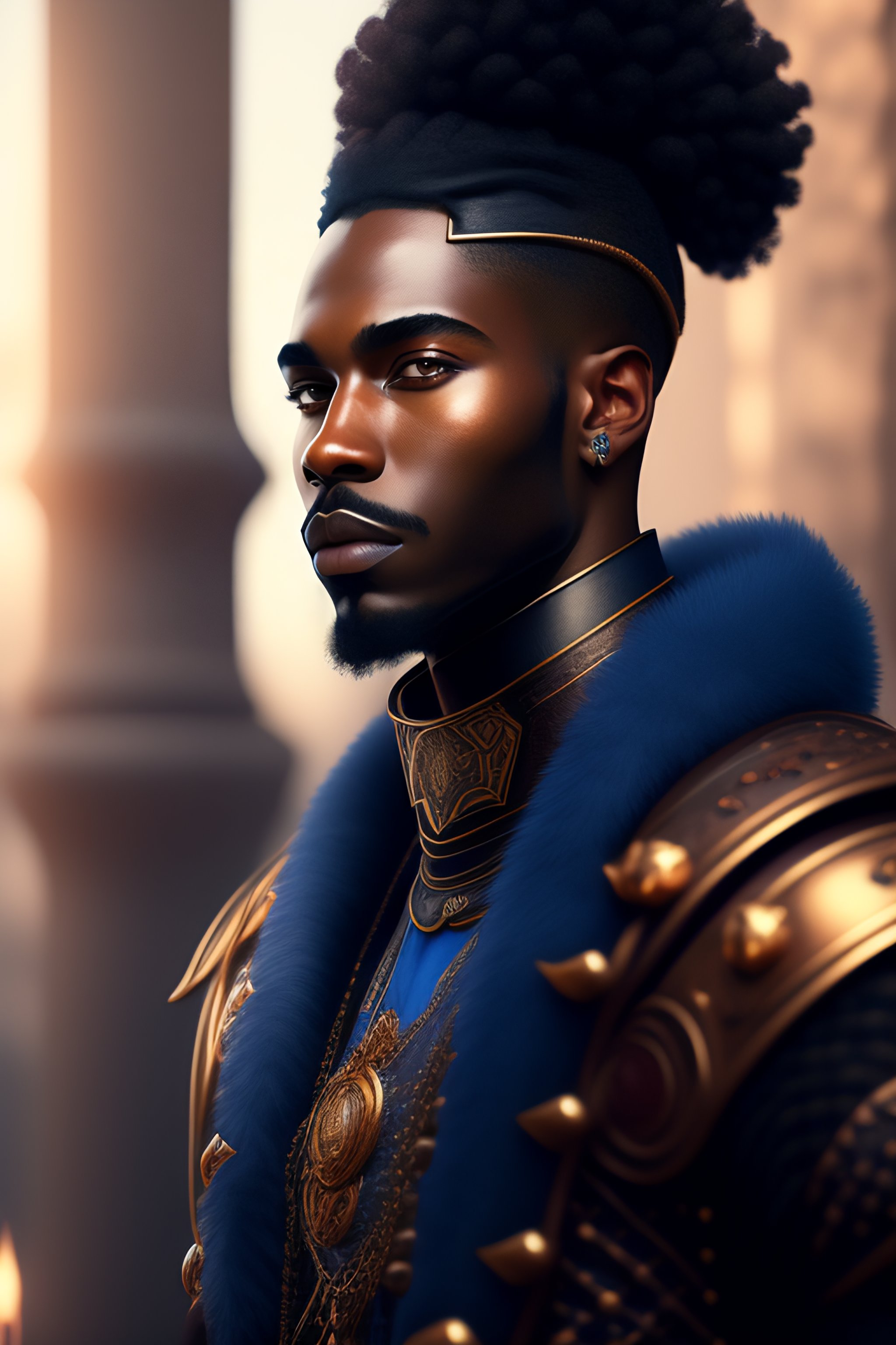 Lexica - Portrait painting, style Steampunk, black man, knight, afro hair, eyes blue, ultra ...