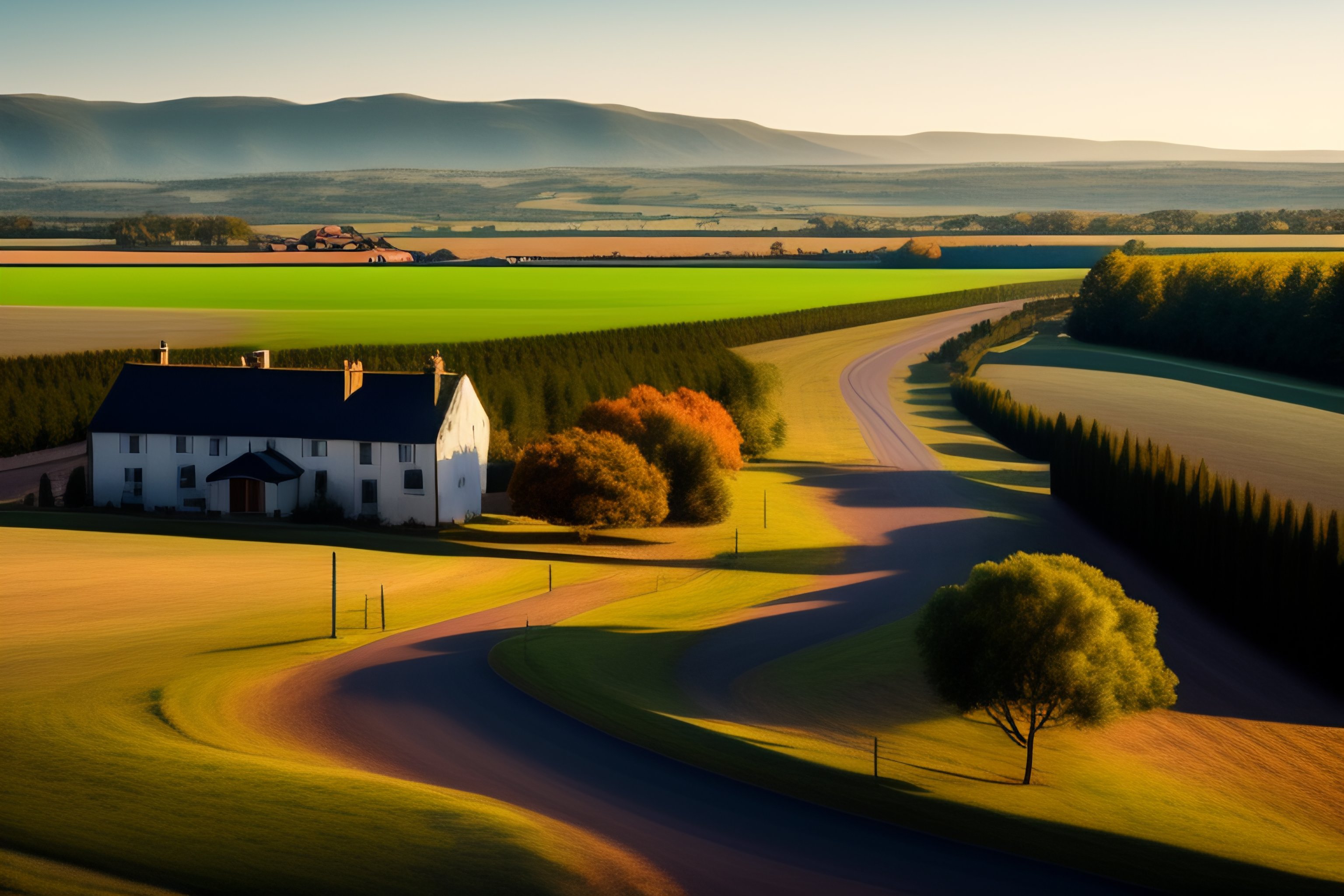 Lexica - Landshape with linear road and little town in background