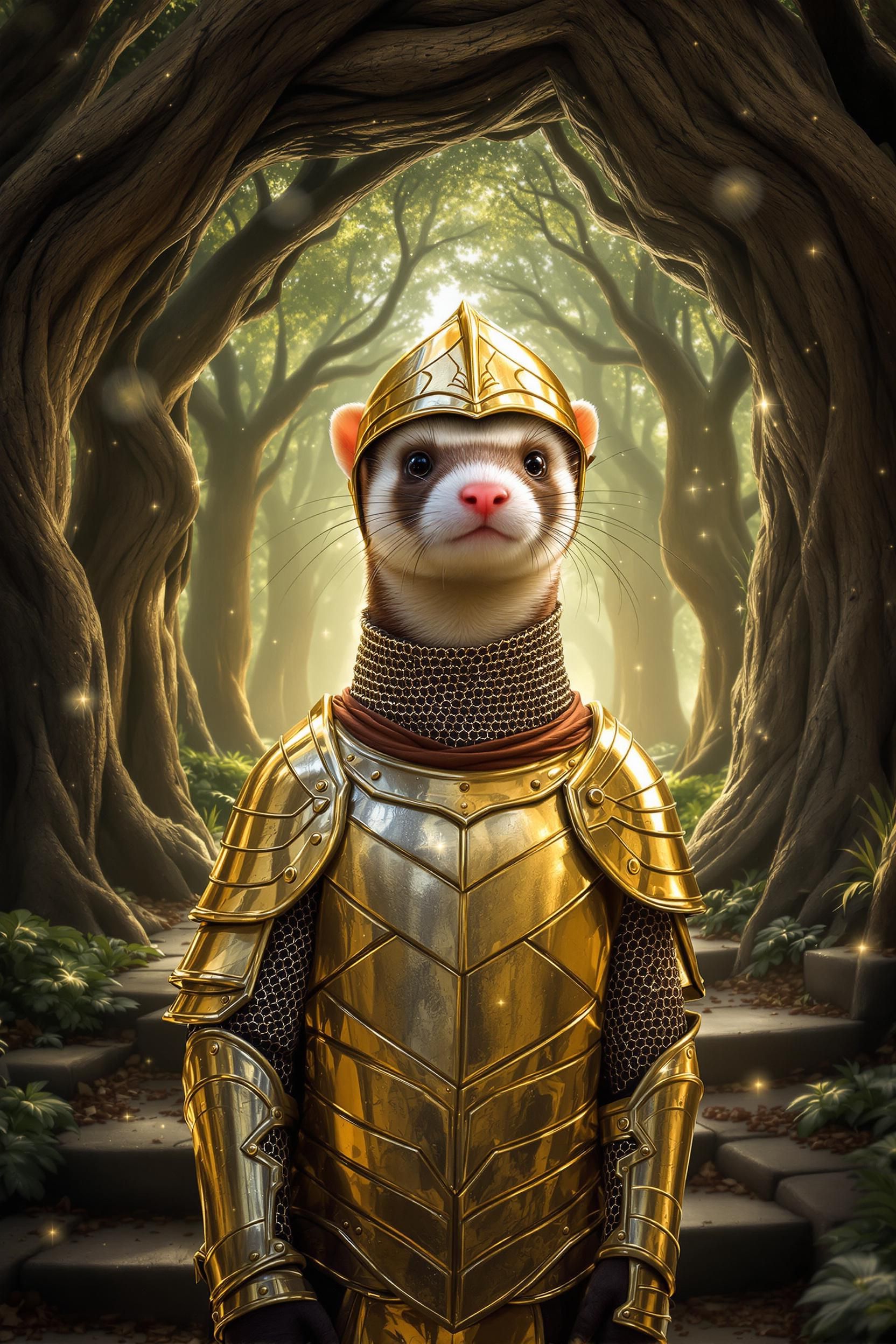 Lexica - A ferret in knight's armor, in a fantasy forest. Keep the ...