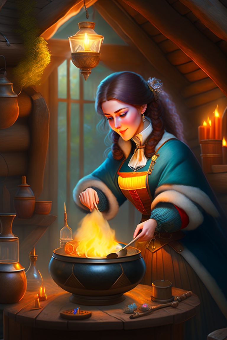 Lexica - Beautiful female alchemist in a thatched cottage preparing a ...