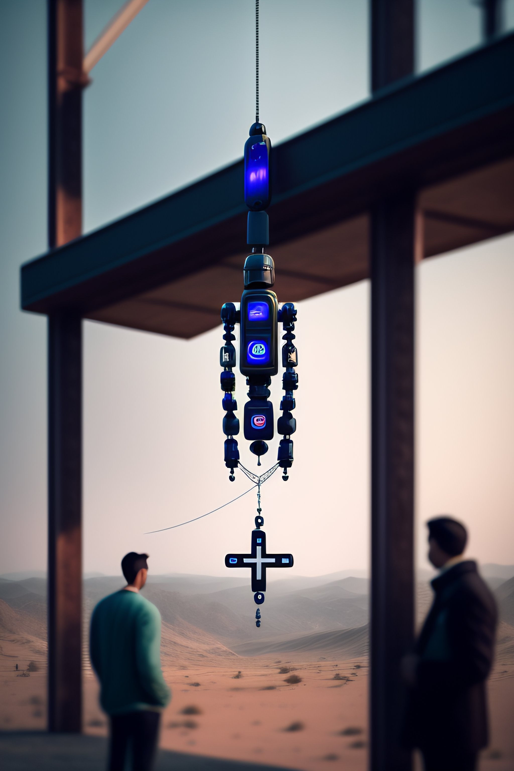 Lexica - An AI robot being hanging on the cross by humans