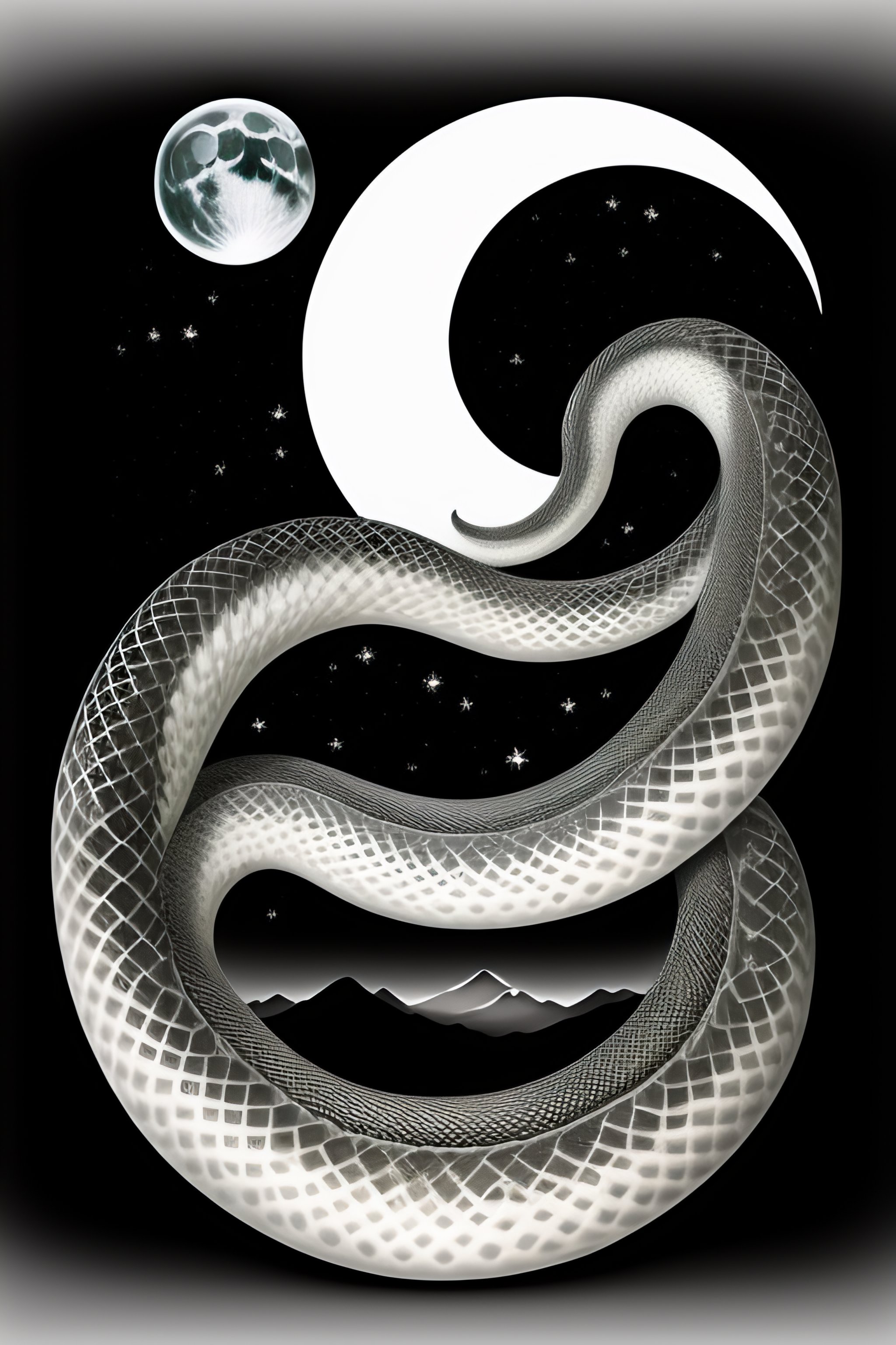 Lexica - Realistic 2 snakes and moon japanese style black and white