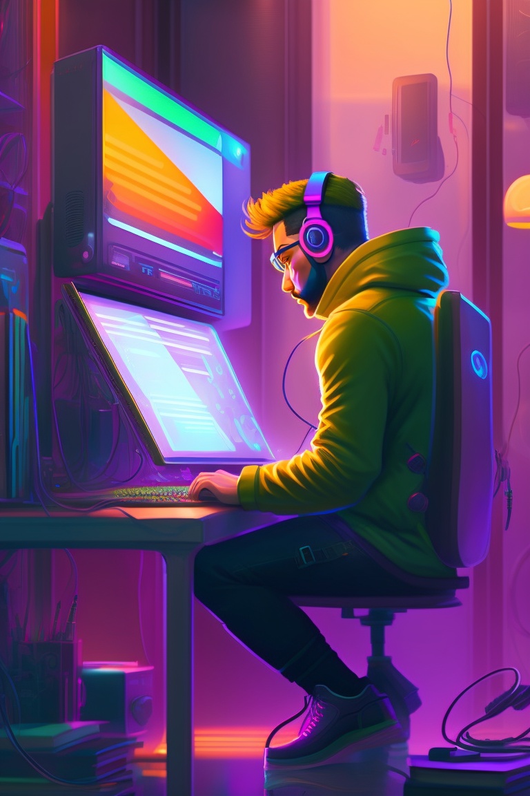 Lexica - A vibrant artstation illustration of a tech savy man playing ...