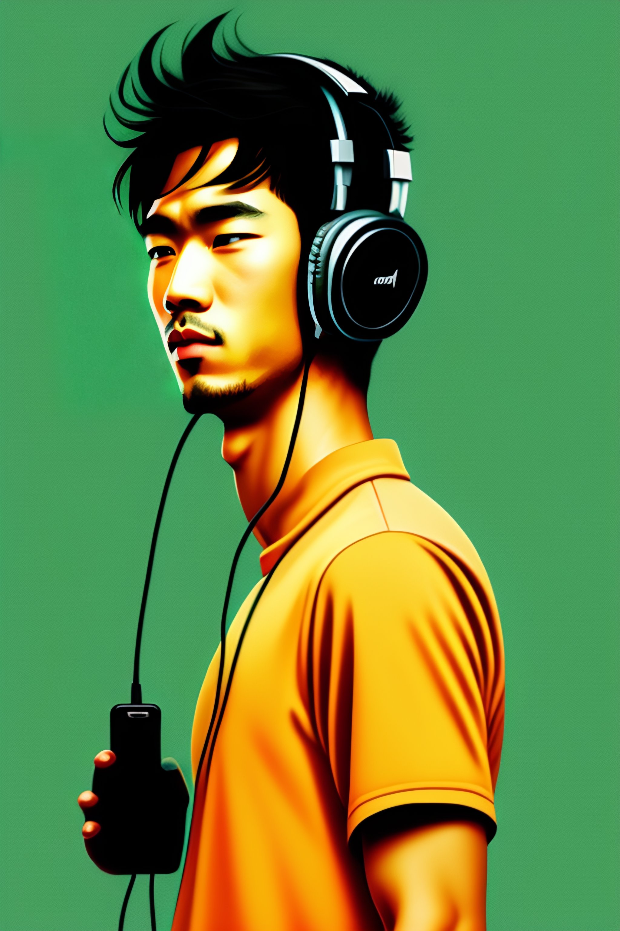 Lexica - 2d illustration, man holding phone with headphones on