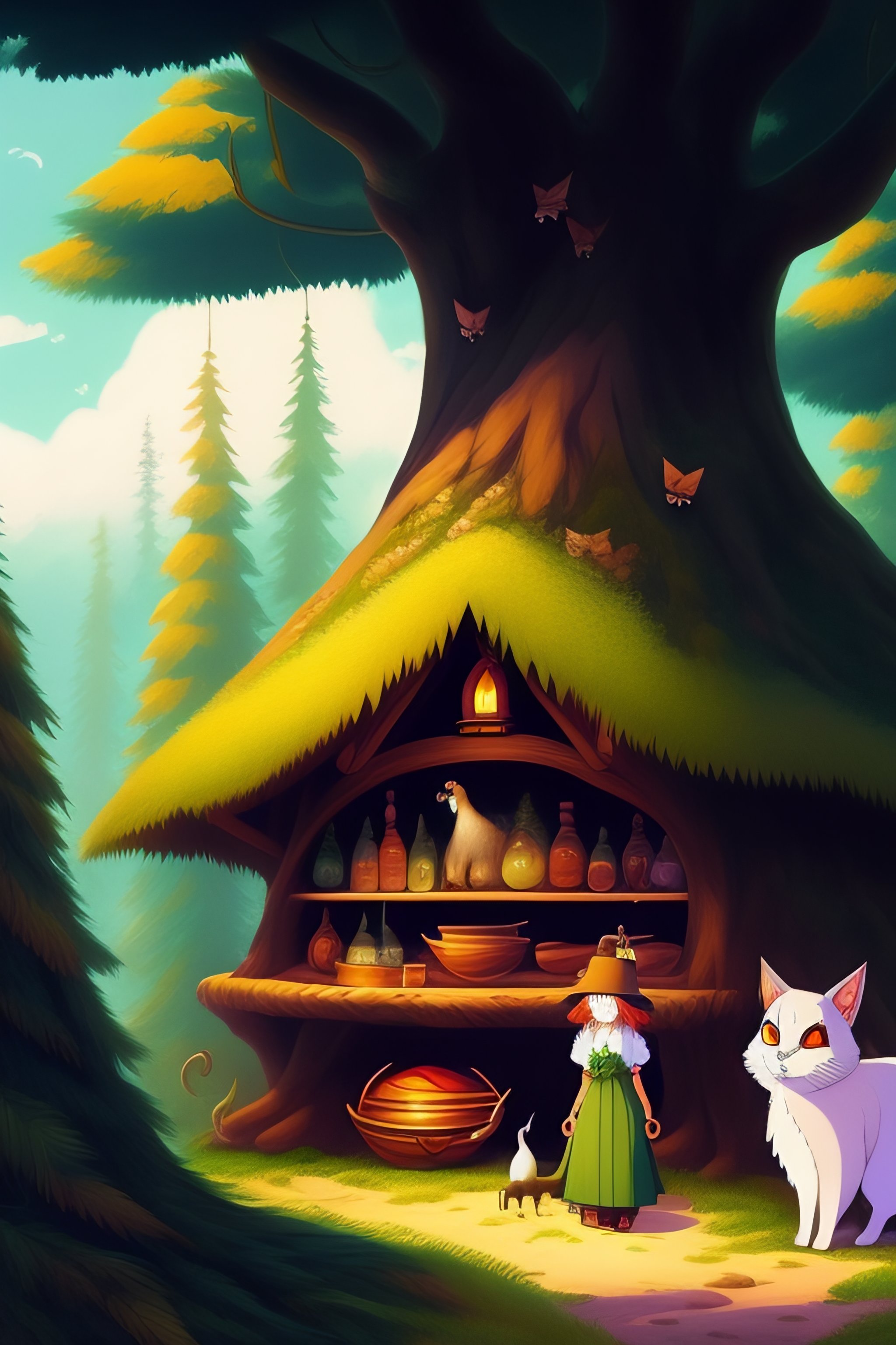 Lexica - Witch in a forest making potion surrounded by animals. By ...