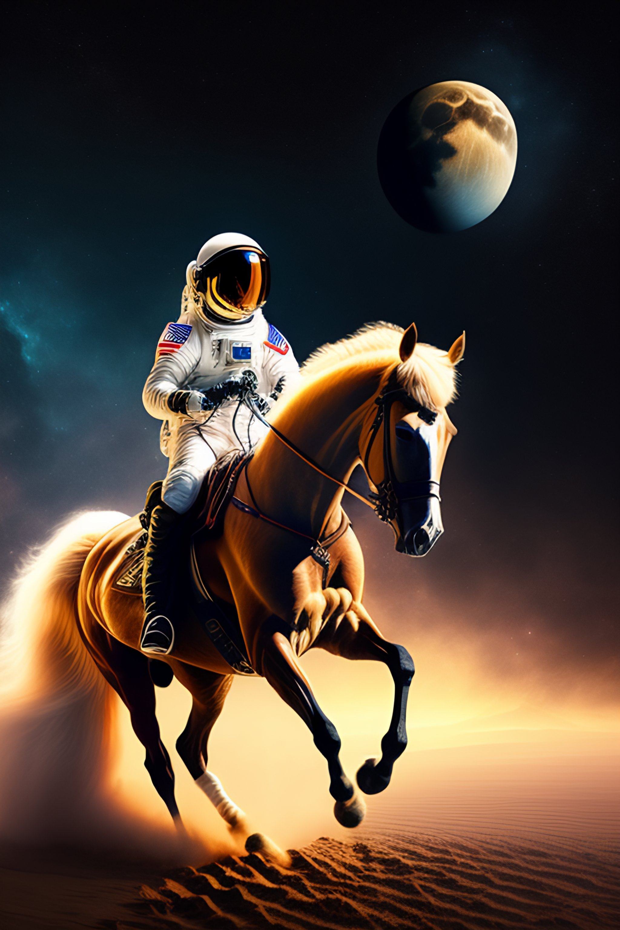 Lexica - Astronaut riding a horse, moving towards a moon with string ...