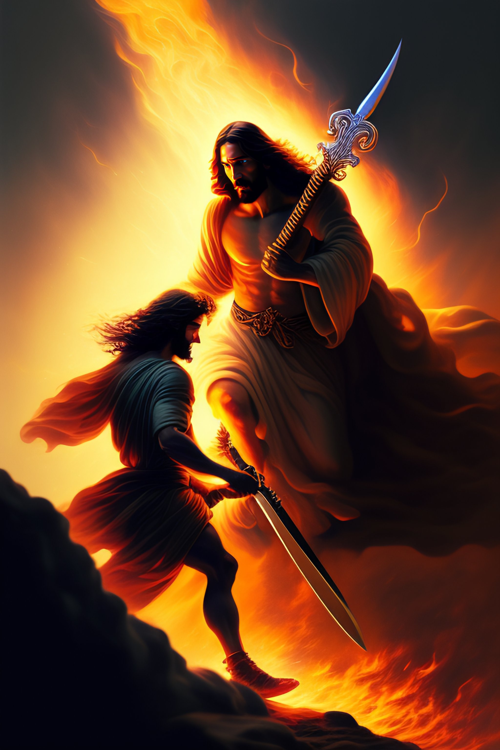 Lexica - Jesus running away from lucifer holding a knife
