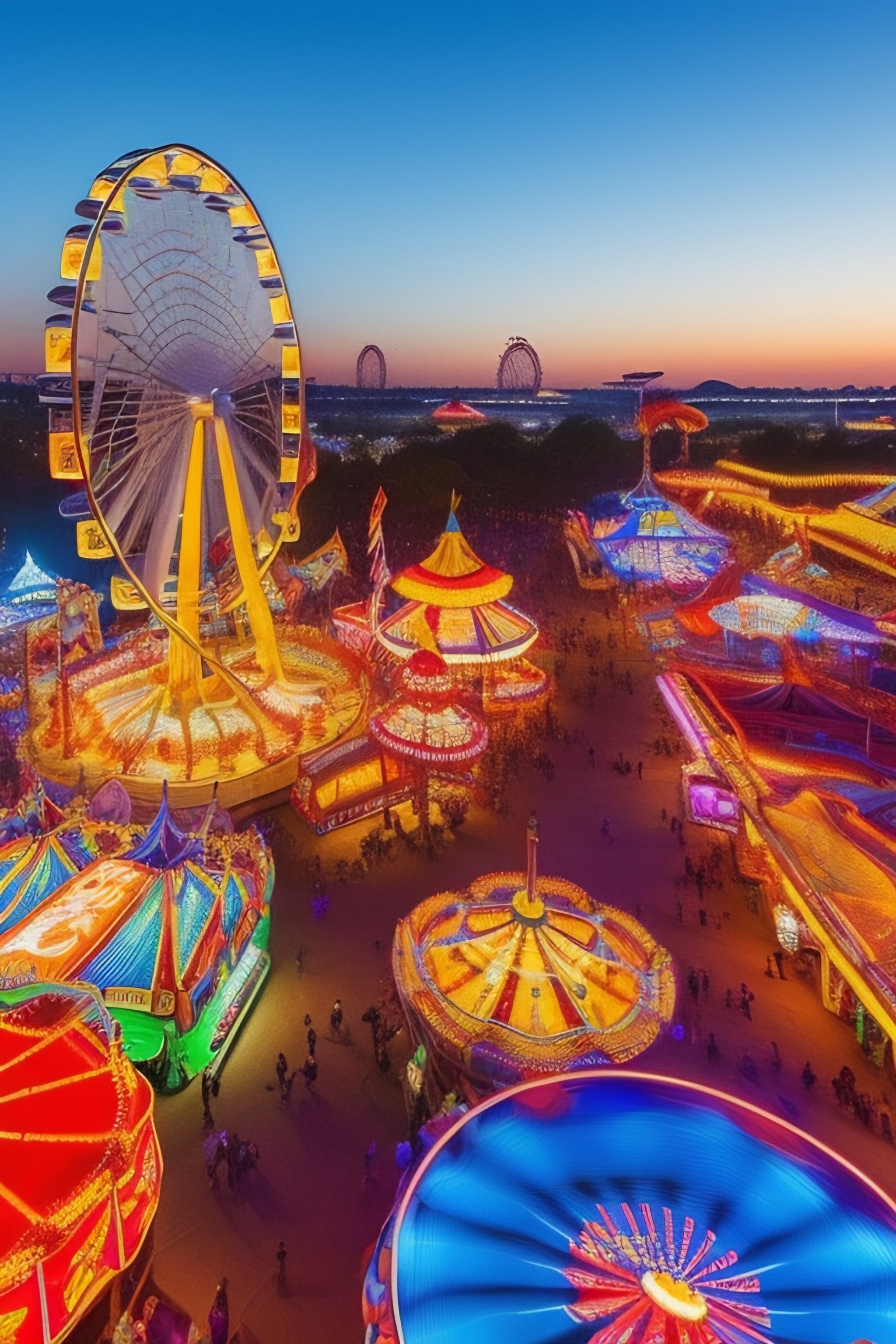 Lexica - An ariel view of fun fair carnival at night with many rides ...
