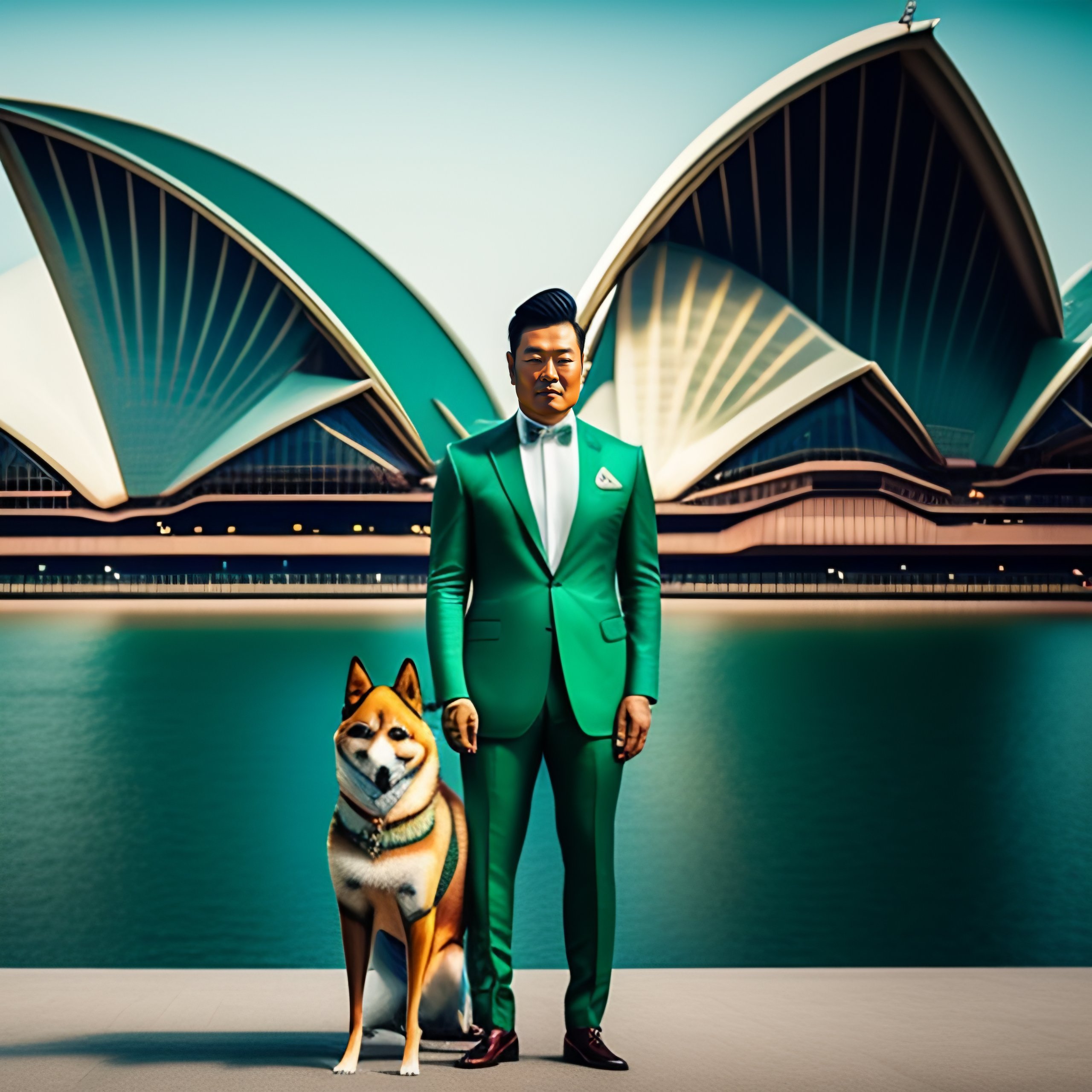 Lexica - Medium Shot of a standing shiba inu dressed in a fancy green ...