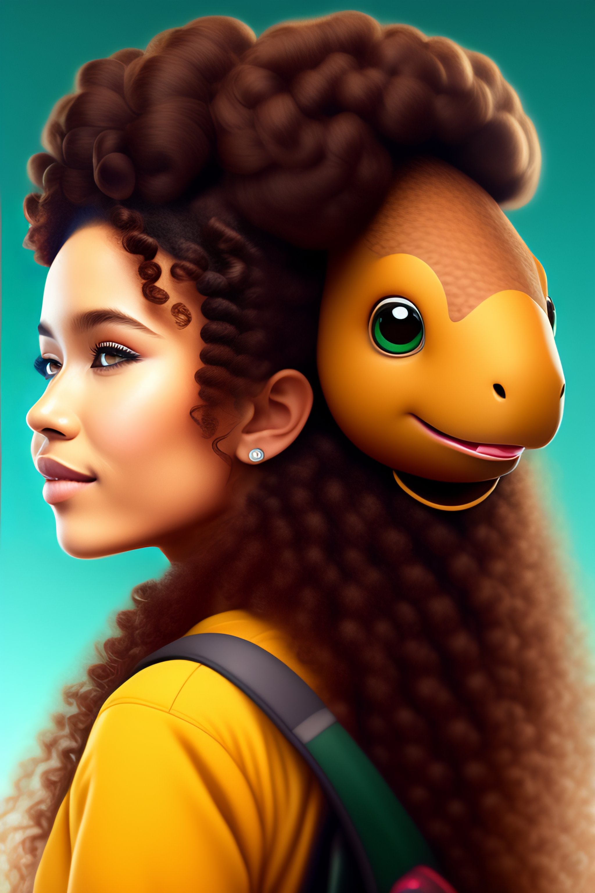 Lexica - Cartoon Brown hair and curly haired young female with a turtle ...