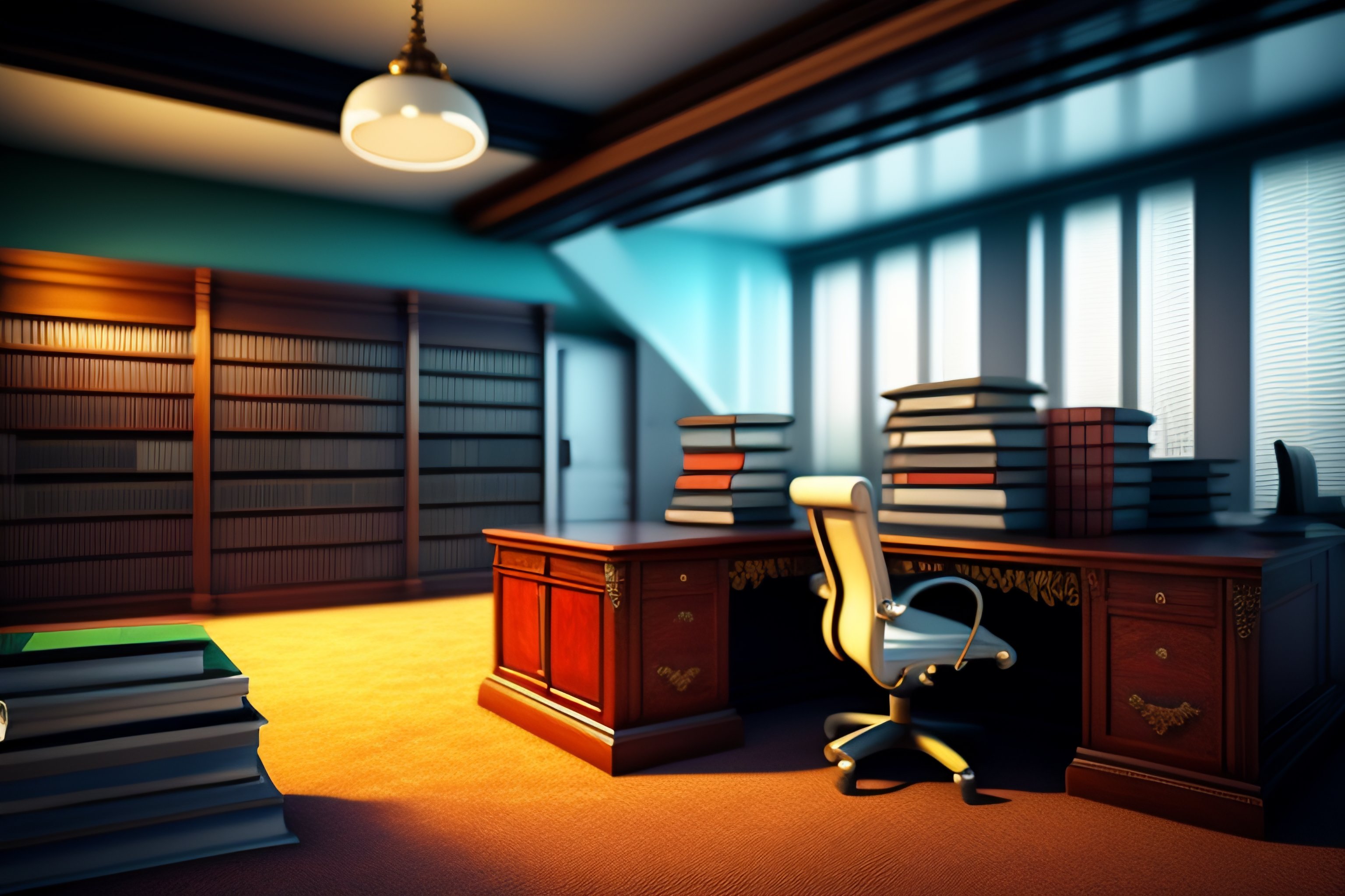 Lexica - Realistic photograph of old dirty office with big desk, books ...