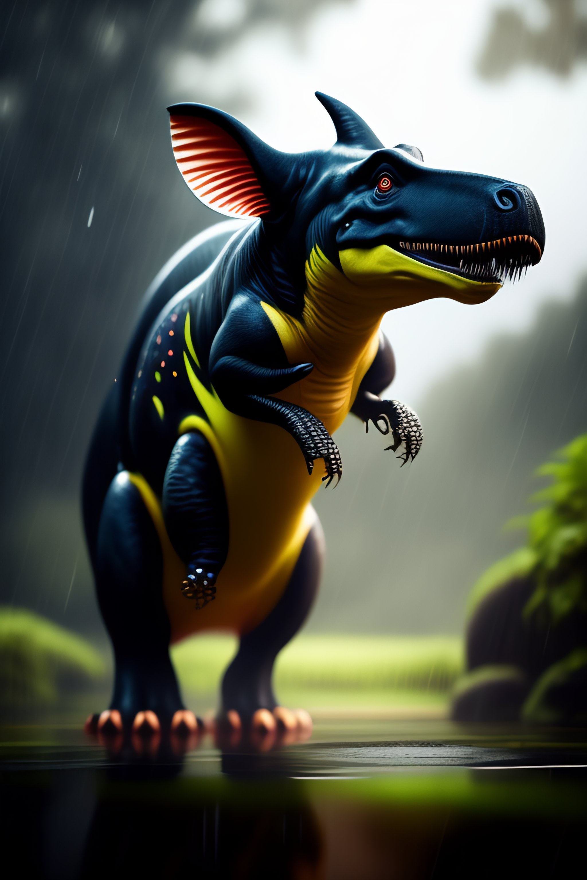 Lexica - T-rex dino bee hybrid, terrifying, rain, unreal engine, big wings