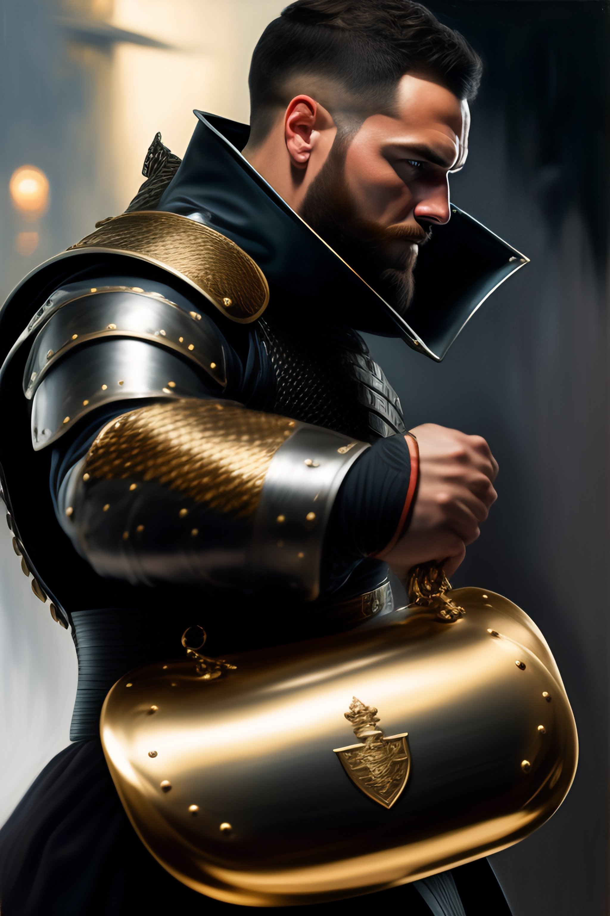 Lexica - Action shot of a man in dark grey banded mail armour, weilding ...