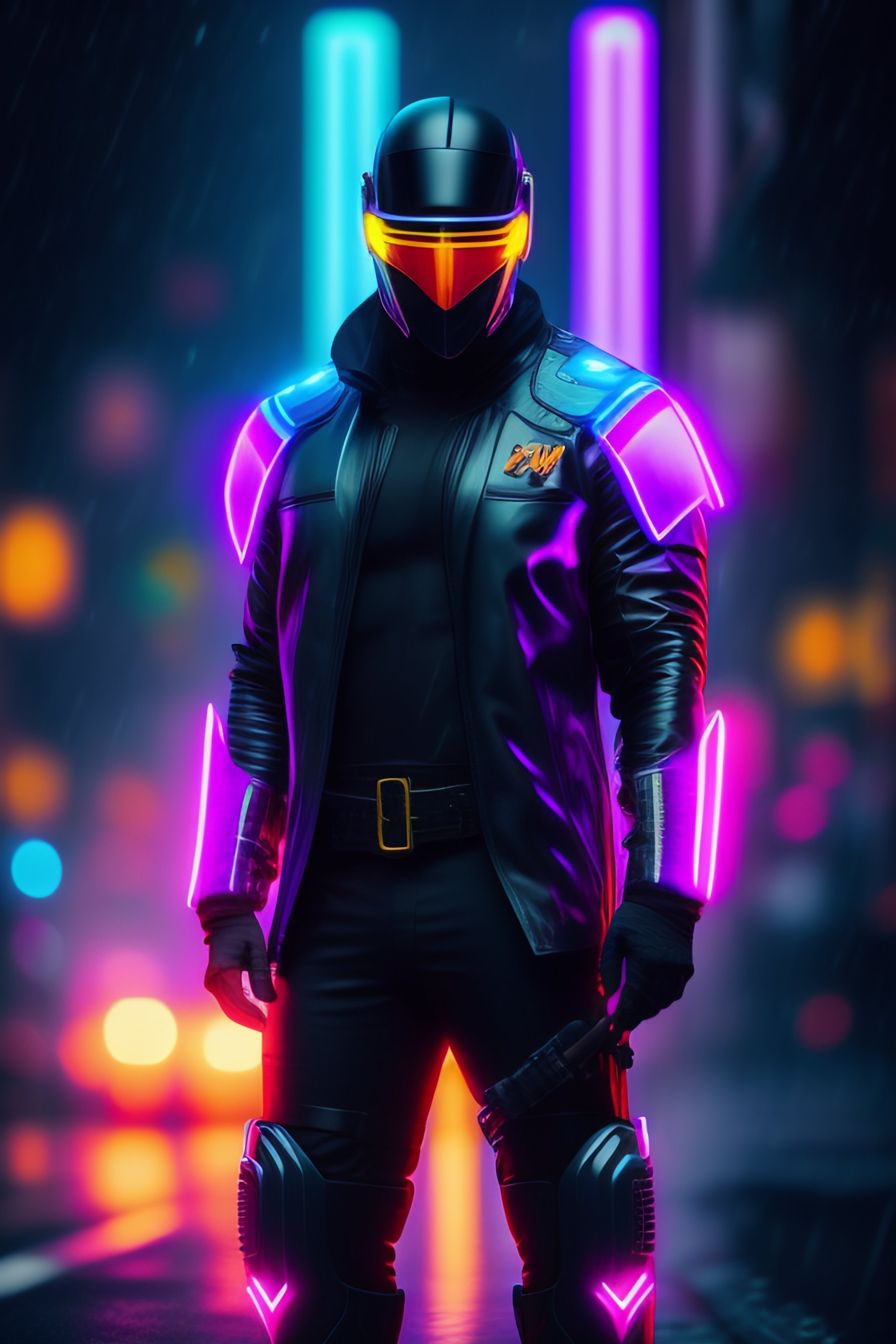 Lexica - Futuristic cyberpunk masked cop, full body, heavy rain, neon ...