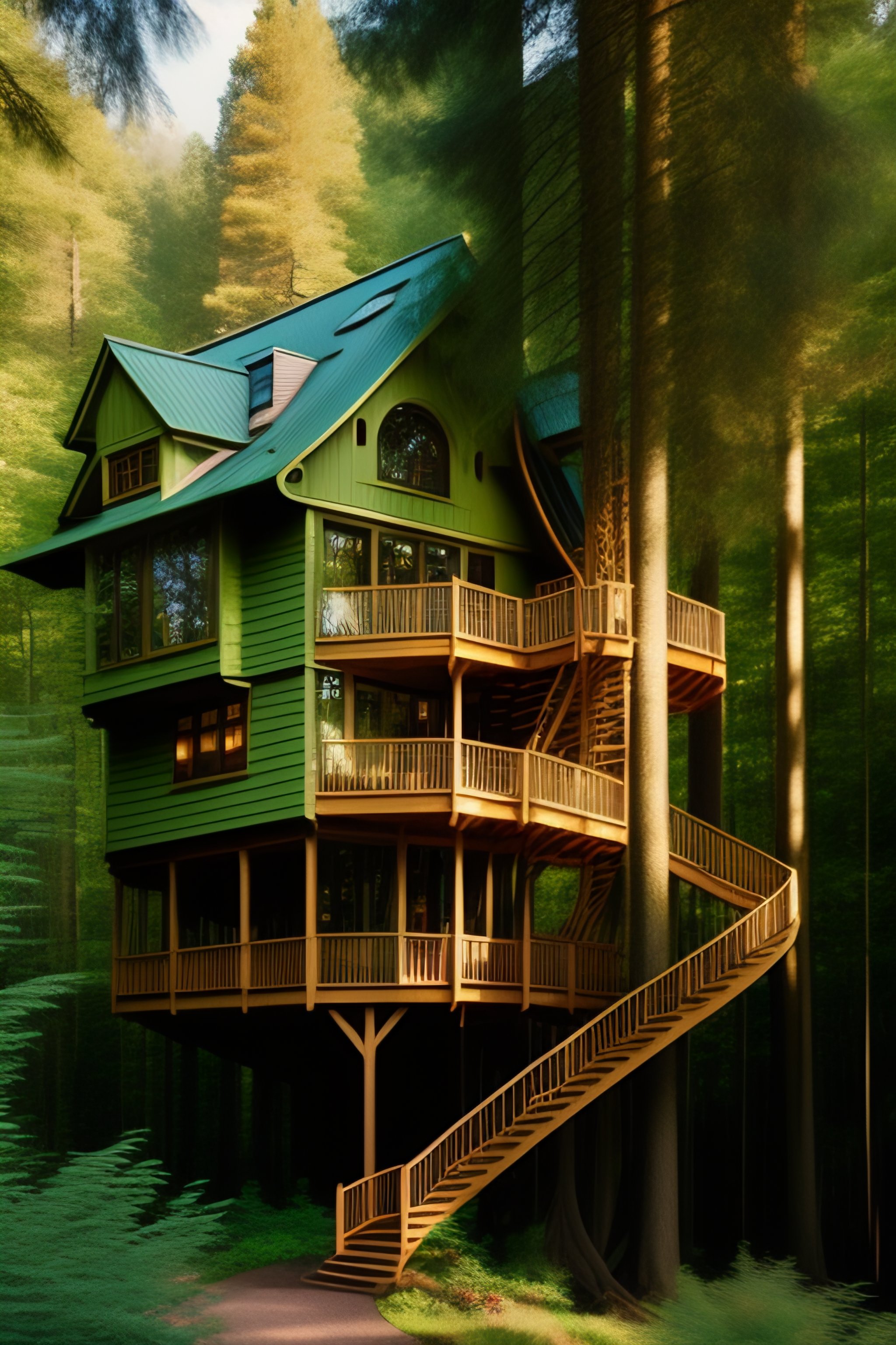 Lexica - Golden treehouse in lush forest, better homes and hardens ...