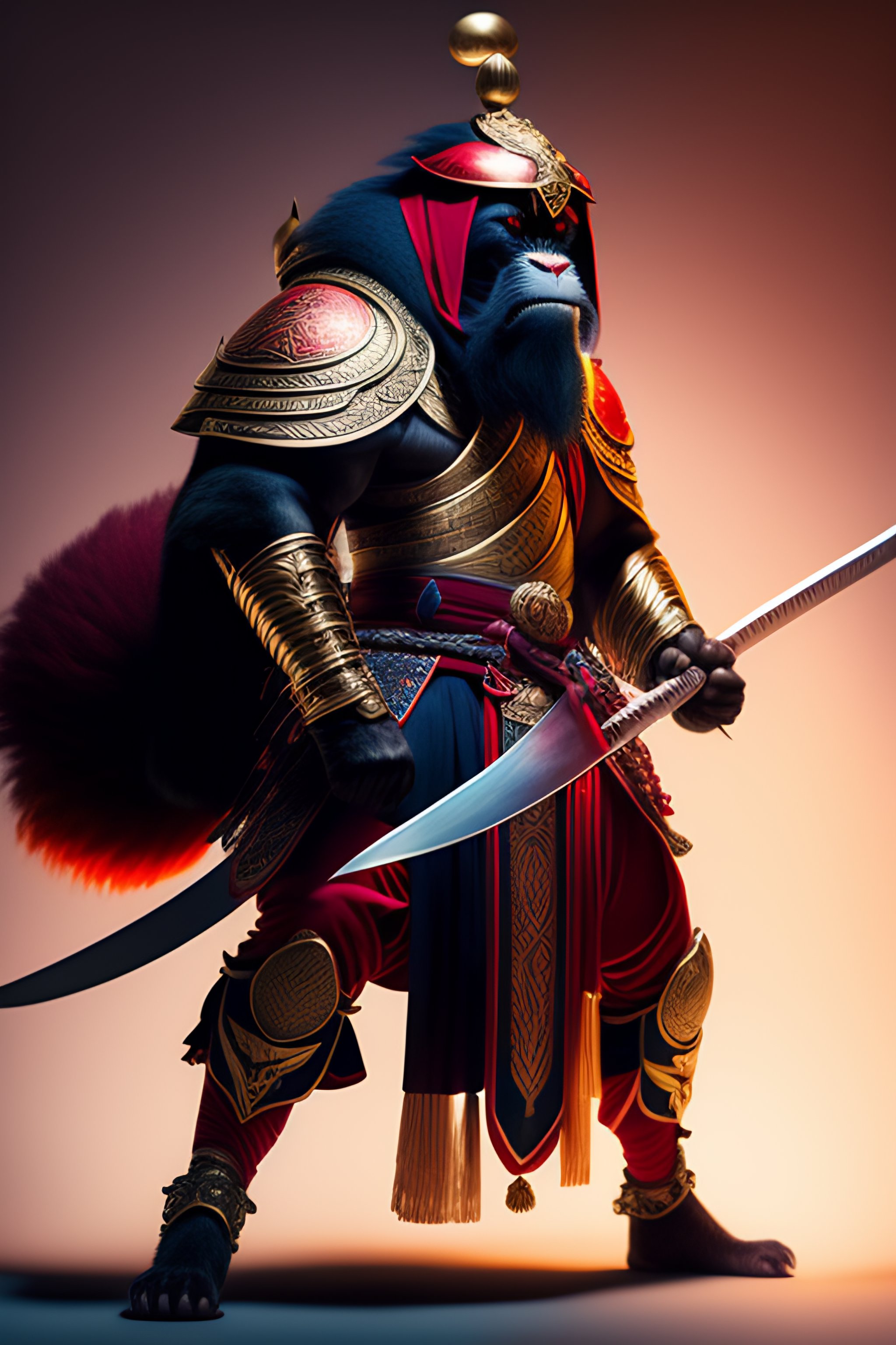 Lexica - Award-winning photo of a Mandrill samurai, red eyes, holding ...