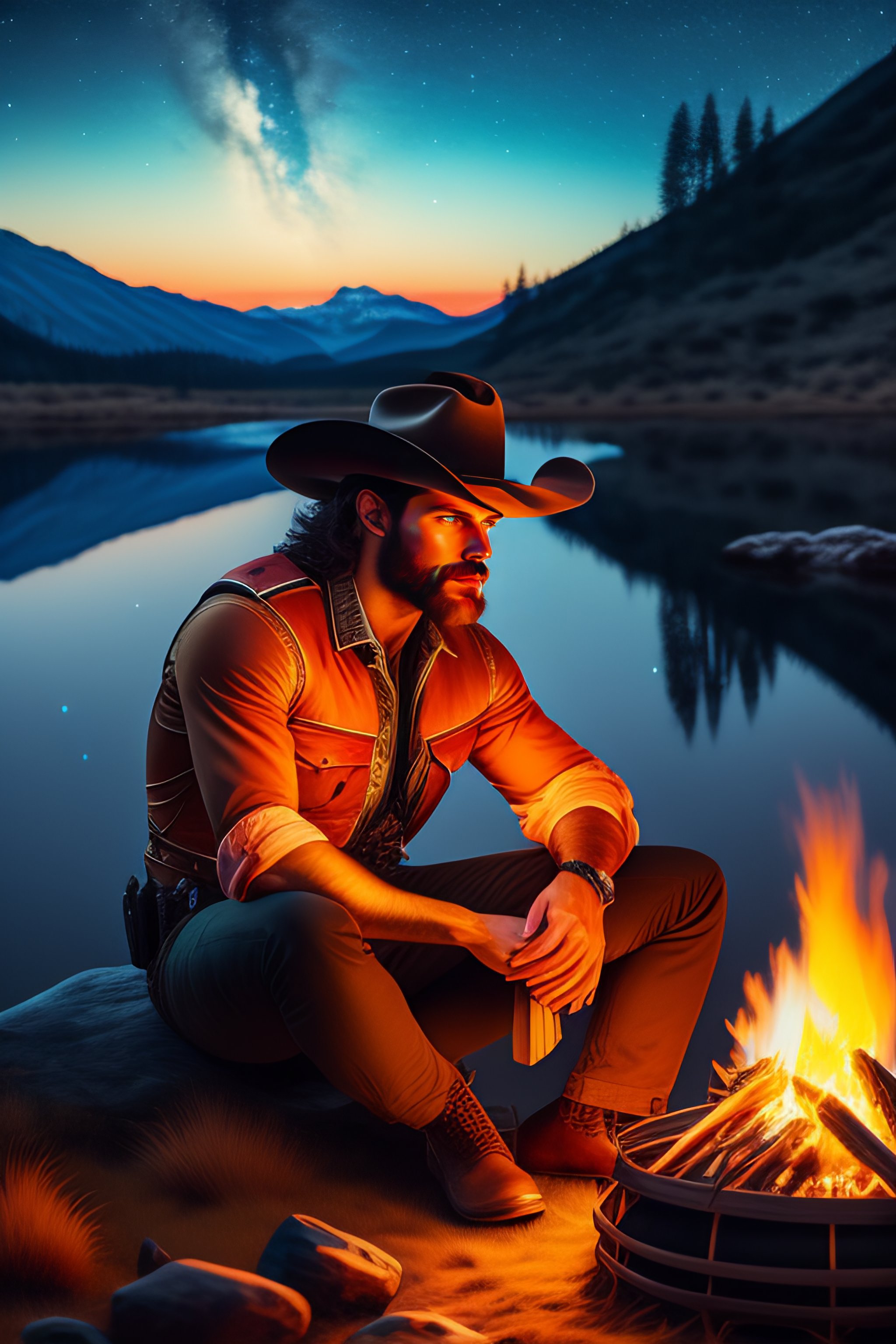 Lexica - Handsome rugged cowboy sitting at a campfire, gorgeous night ...
