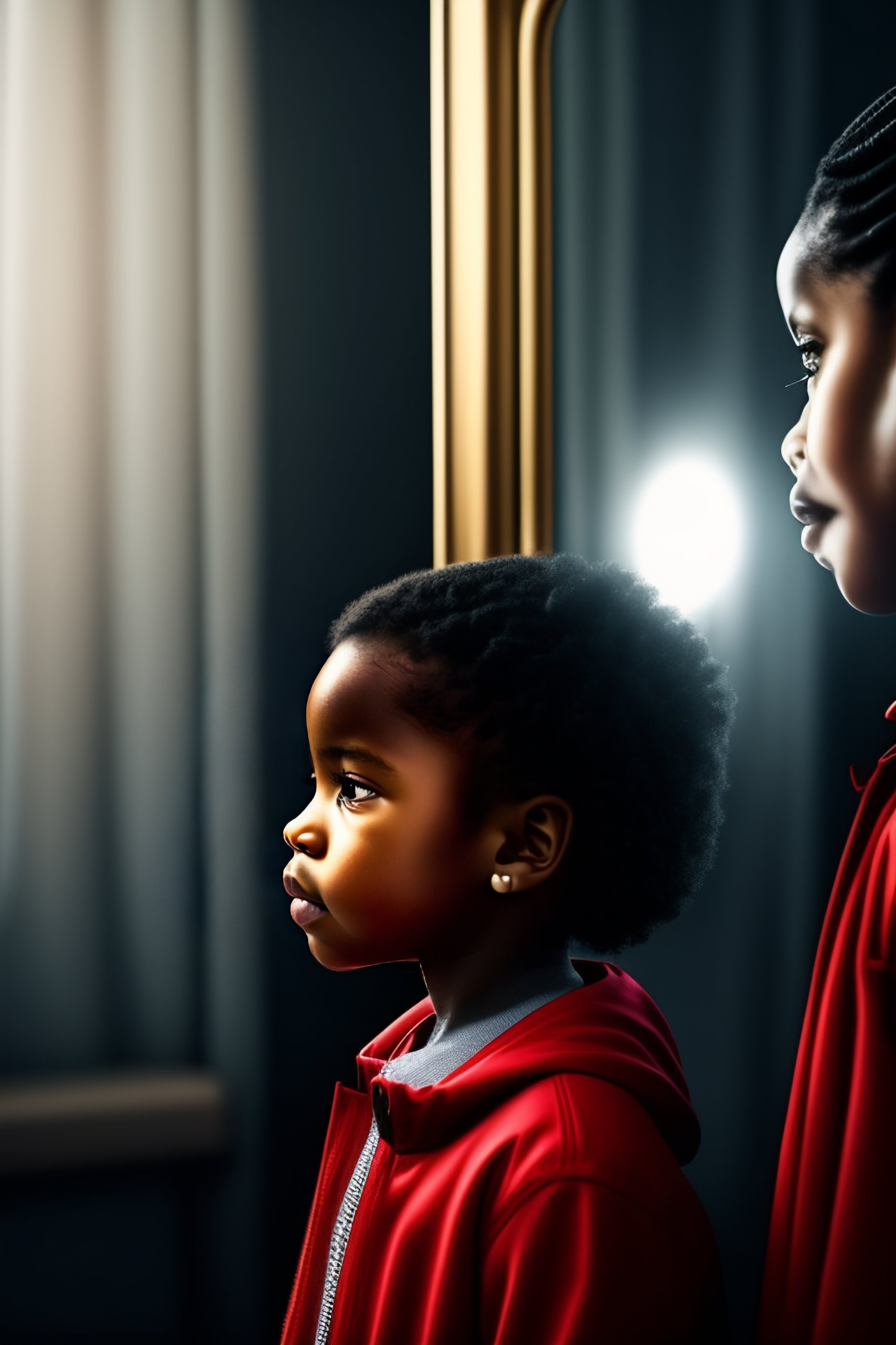 Lexica - A black child standing in front of a mirror, looking at their ...