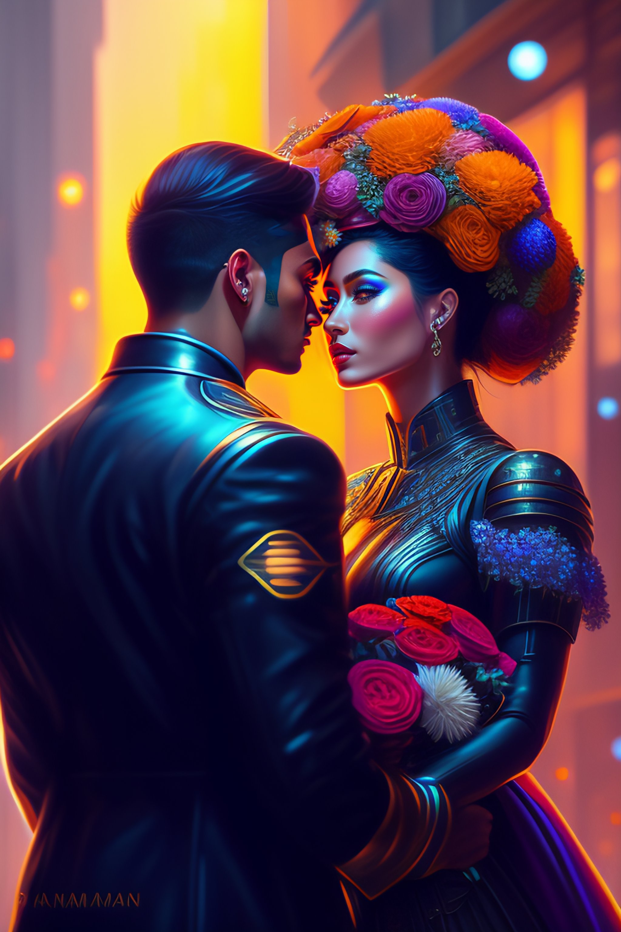 Lexica - An android man gives a bouquet of flowers to a beautiful human ...