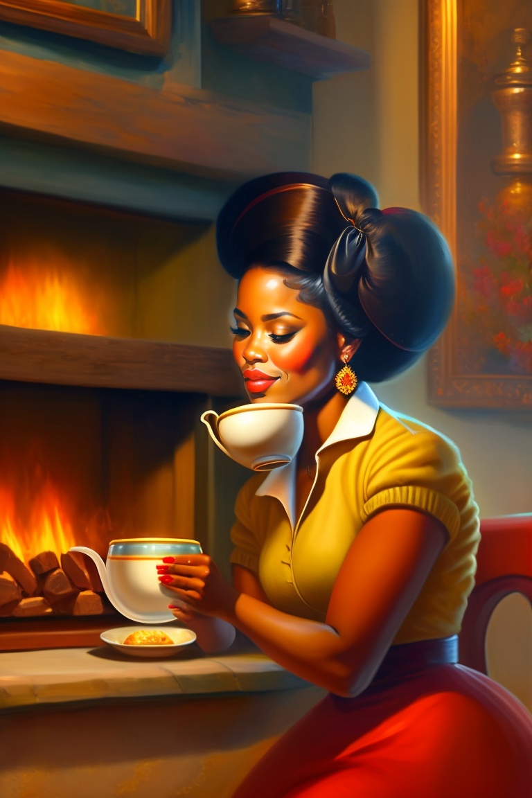 Cartoon Black Woman Sipping Tea