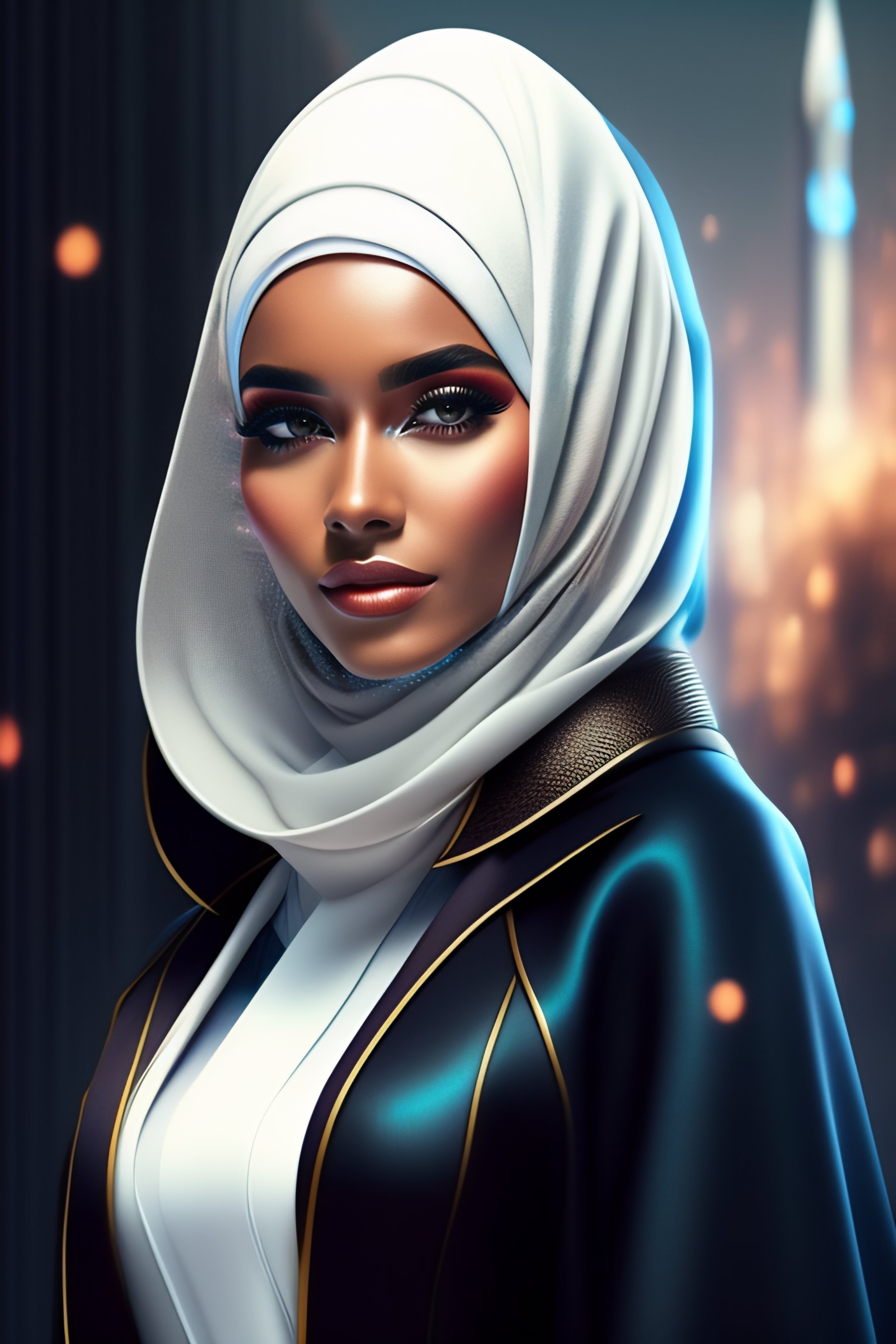 Lexica - Beautiful girl wears hijab and futuristic mage suit and robe