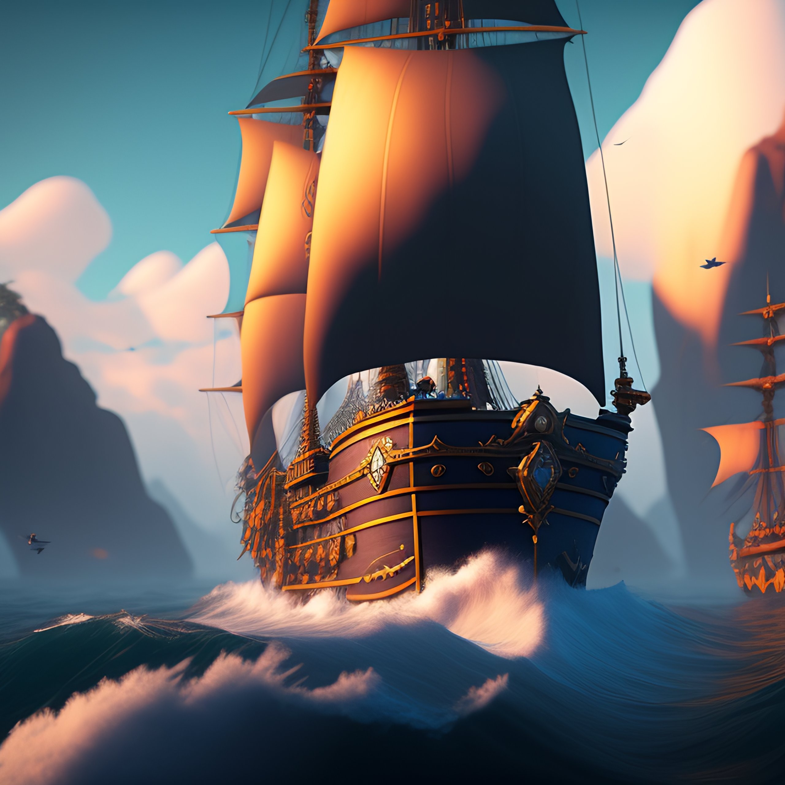 Lexica - Pirates on a ghost ship with the Jolly Roger flag in the ocean ...