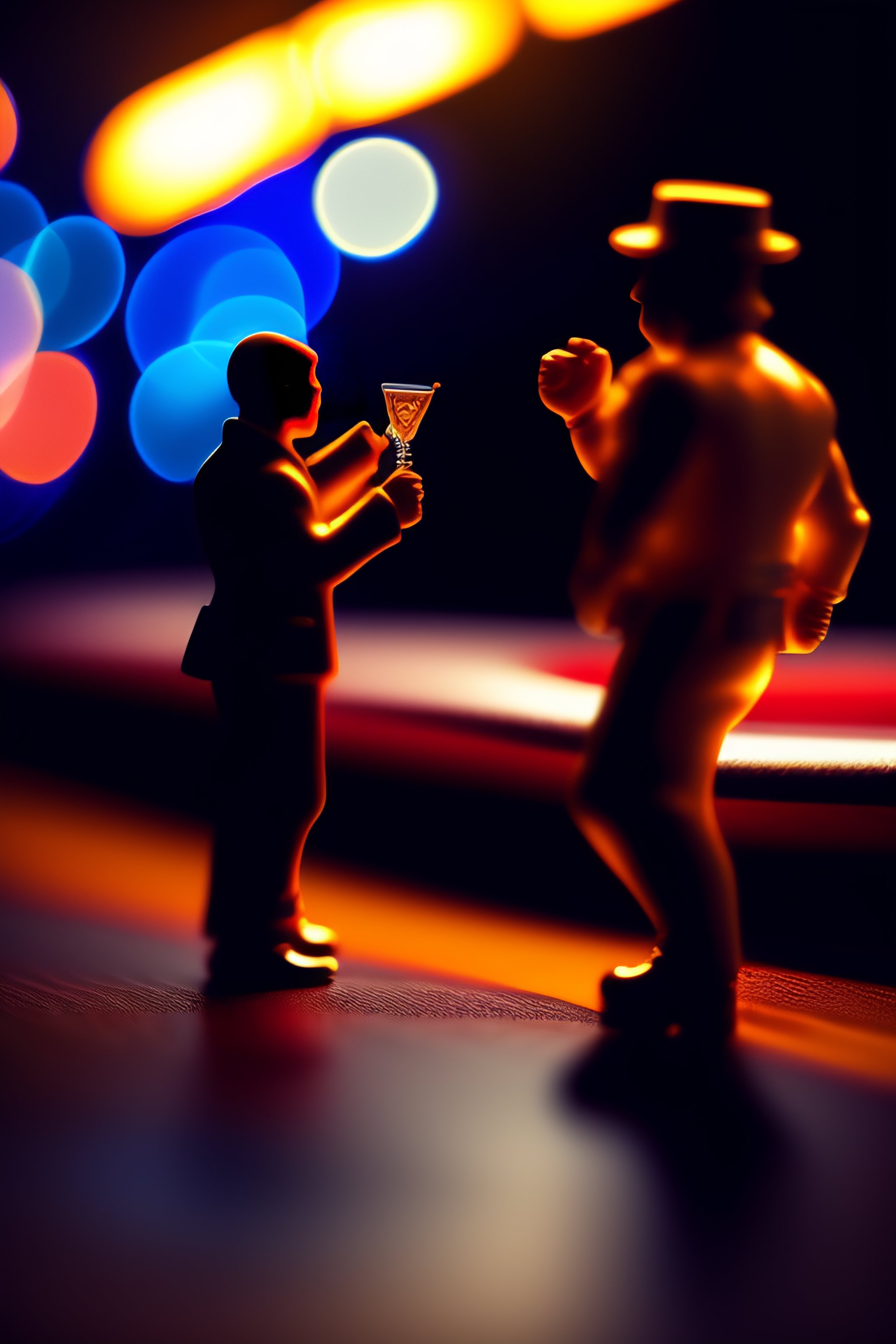Lexica - Two tiny men dancing on the poker table in vegas, cyberpunk