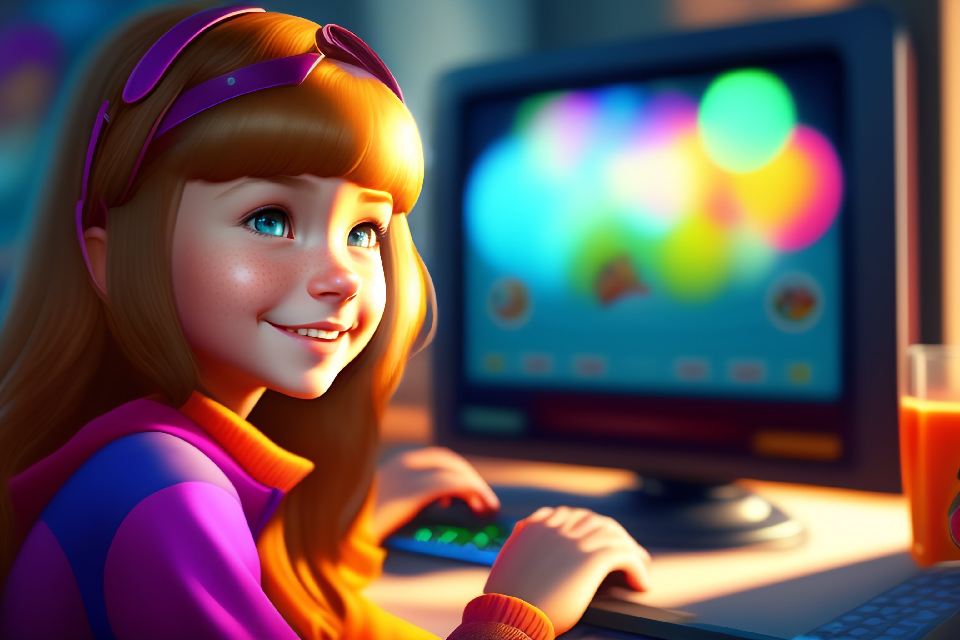 Lexica - Bright Pixar art for a girl playing computer games, where cute ...
