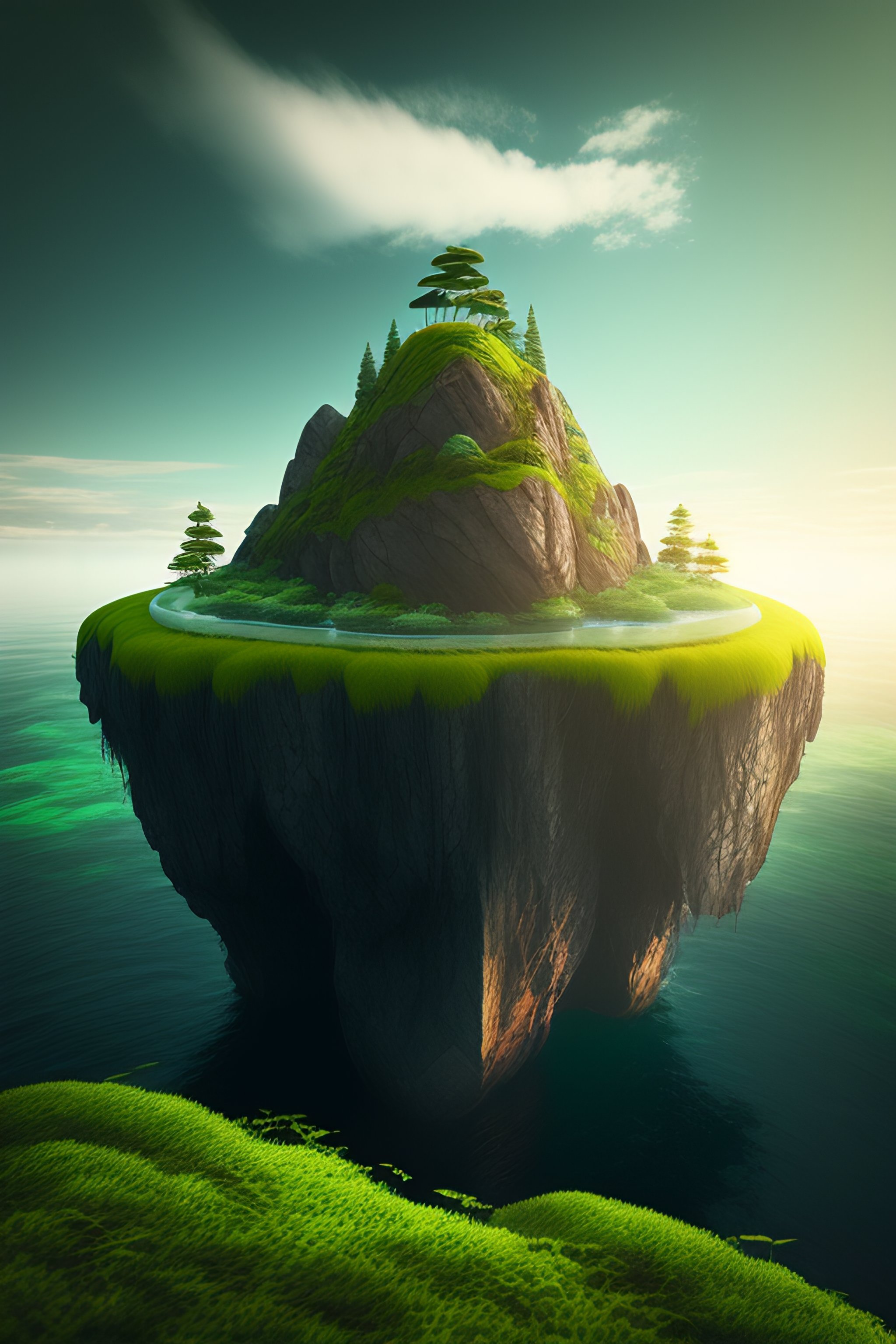 Lexica - Floating cliff island, covered with green moss, grass and fern ...