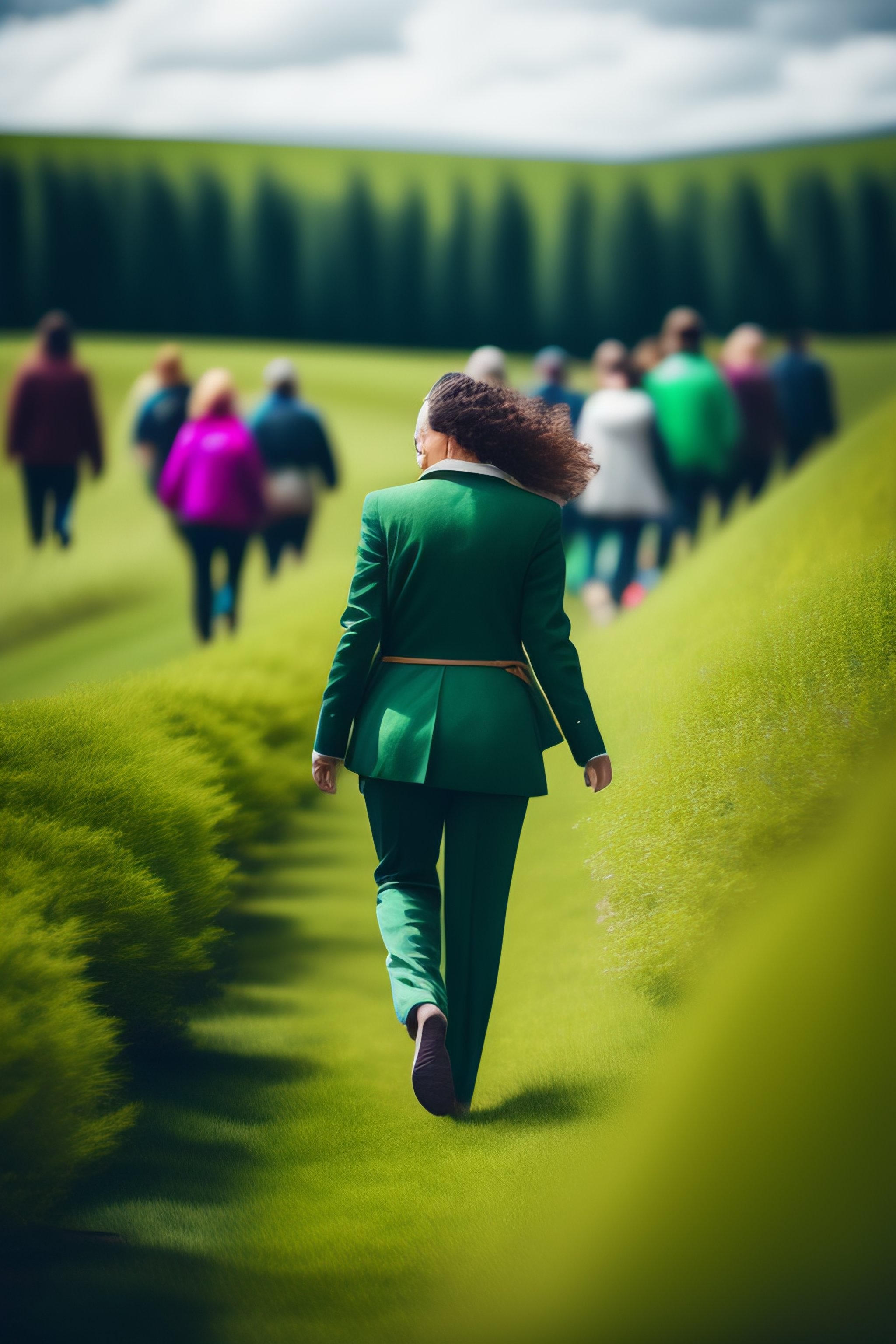 Lexica - Background full of people chasing, front view, green grass ...