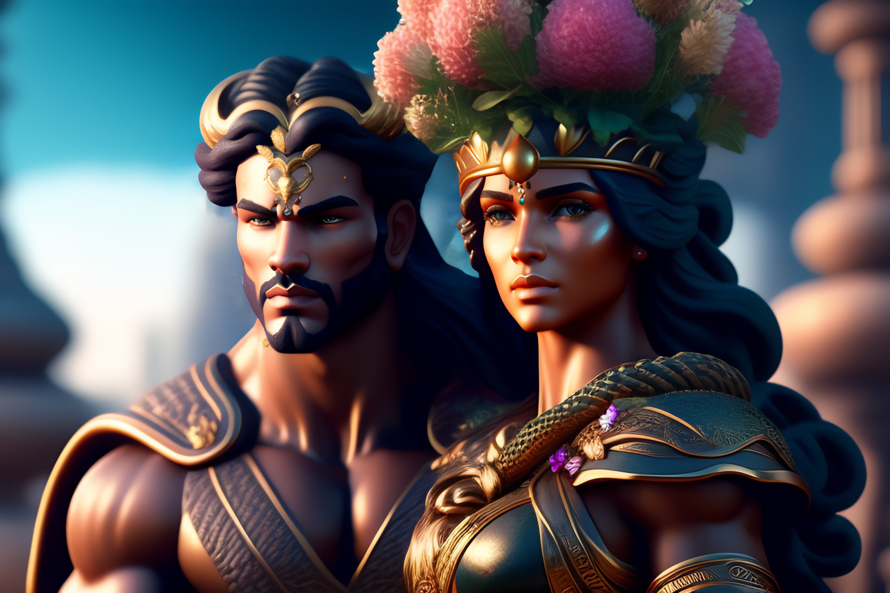 Lexica - Young Hercules turned to stone with a bouquet of flowers in ...