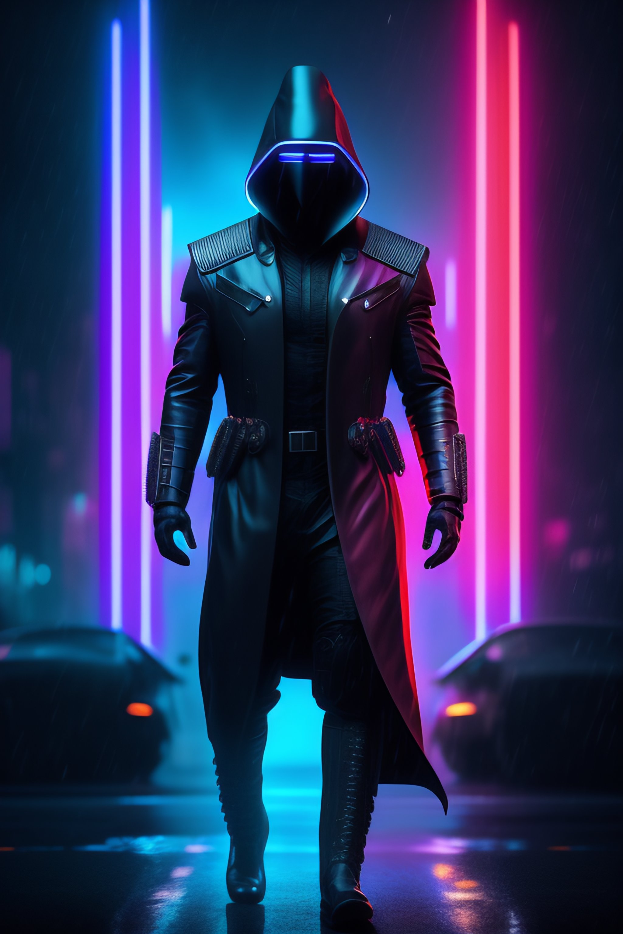 Lexica - Futuristic cyberpunk masked cop, full body, heavy rain, neon ...