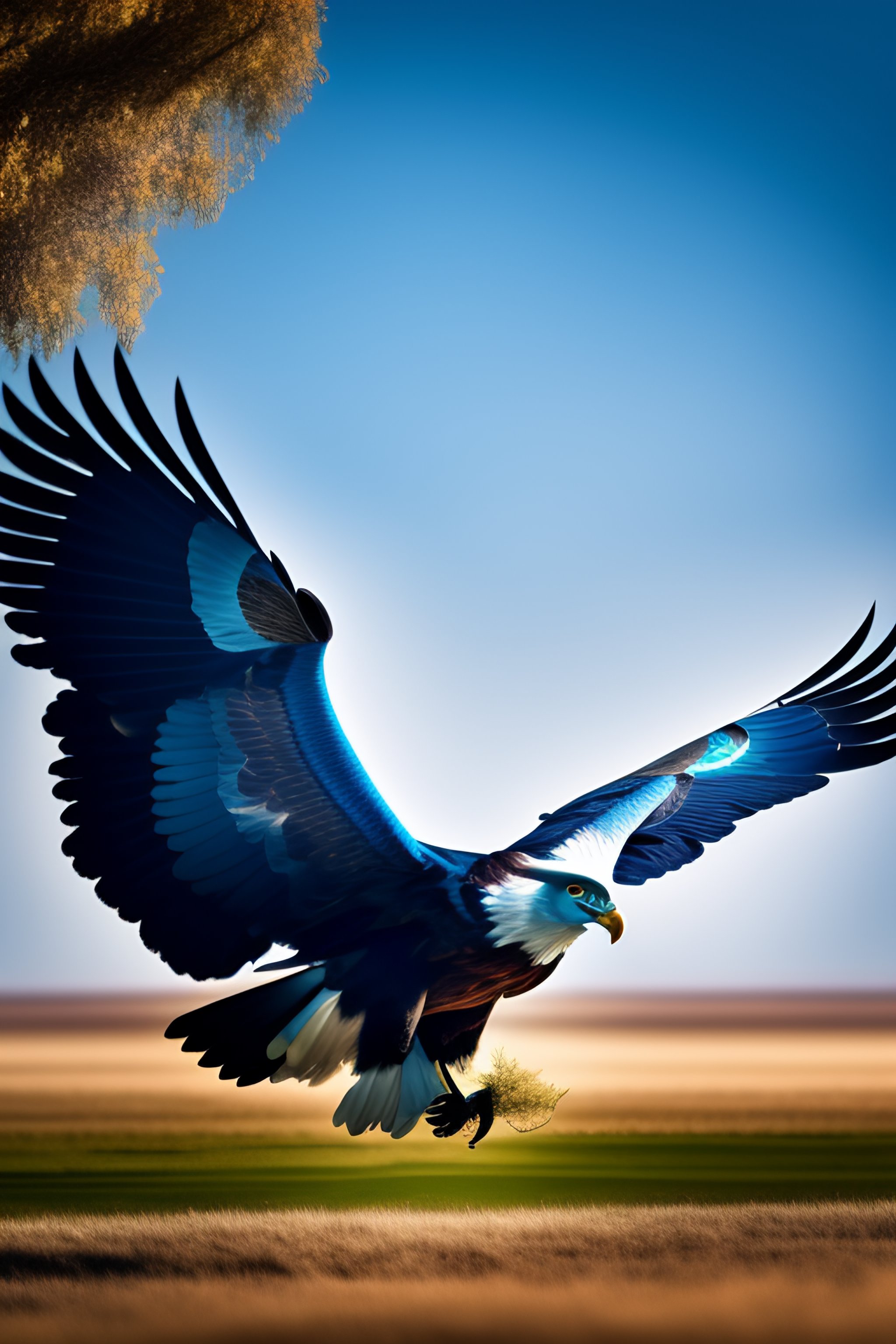 Lexica - A ghostly blue eagle flies over a well