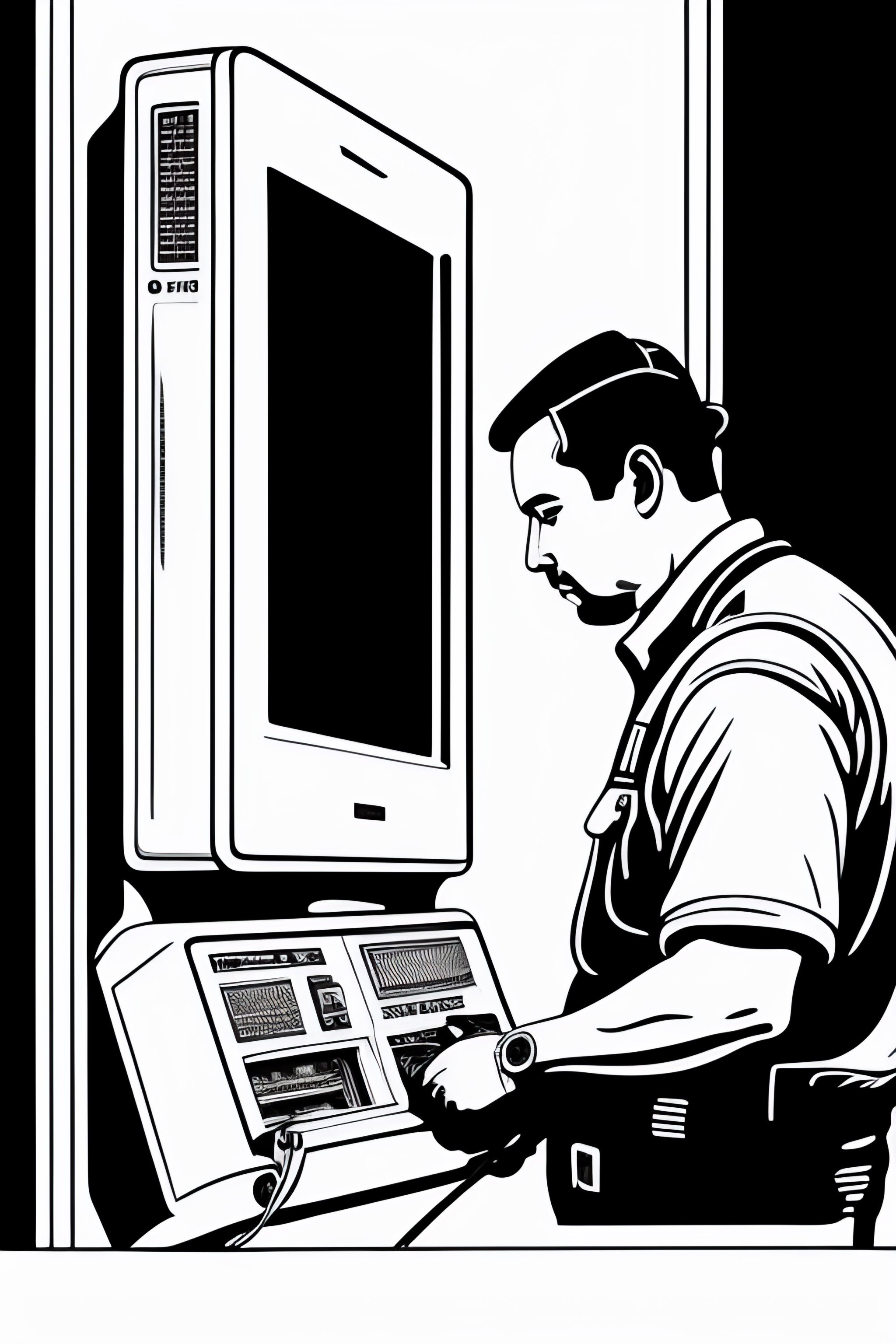 Lexica - Ink pen line drawing, upperbody portrait of a repair man ...
