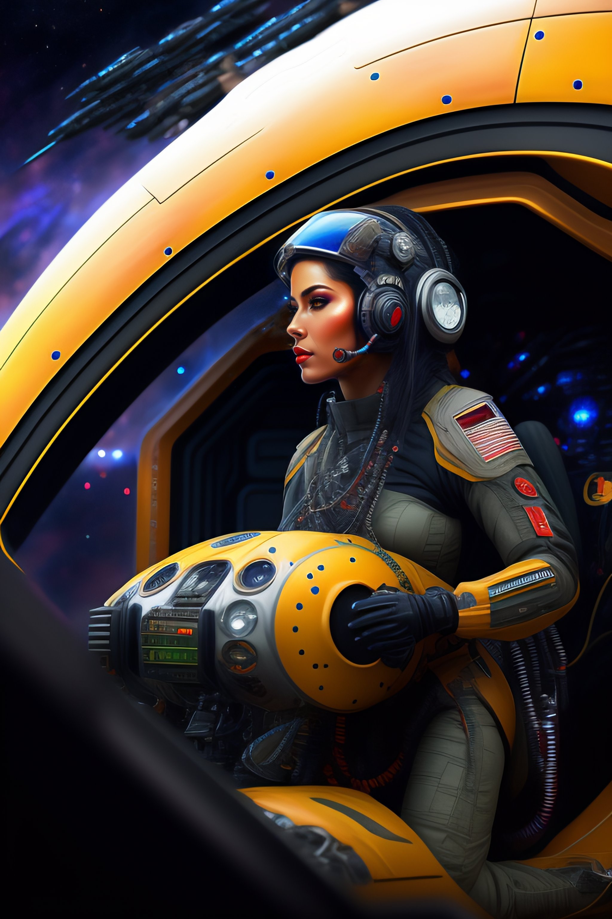 Lexica - Cyborg pilot wired to commands, detailed maximalist interior ...