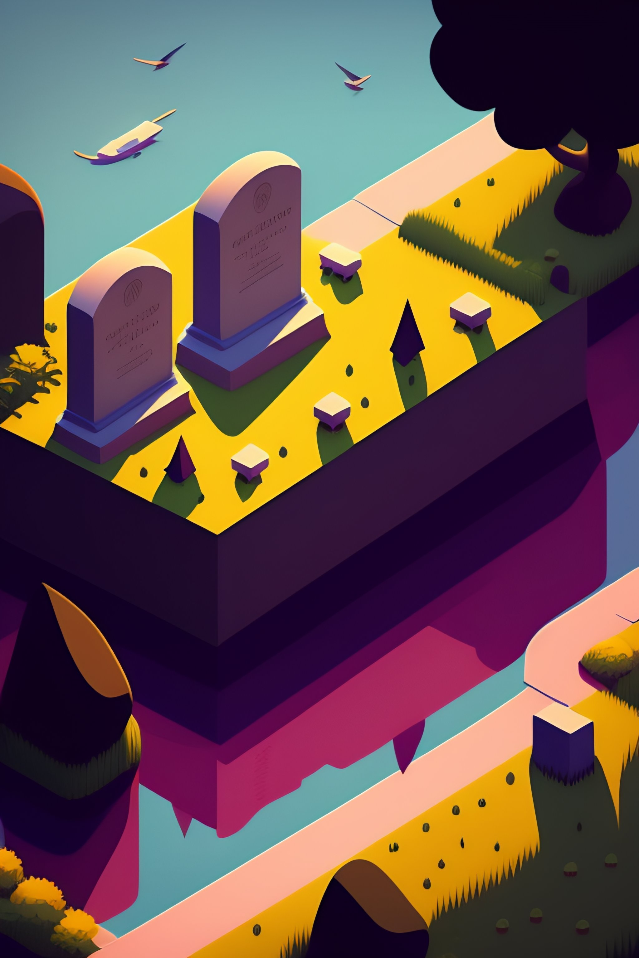 Lexica - Isometric render of a graveyard by a river, simple, solid ...